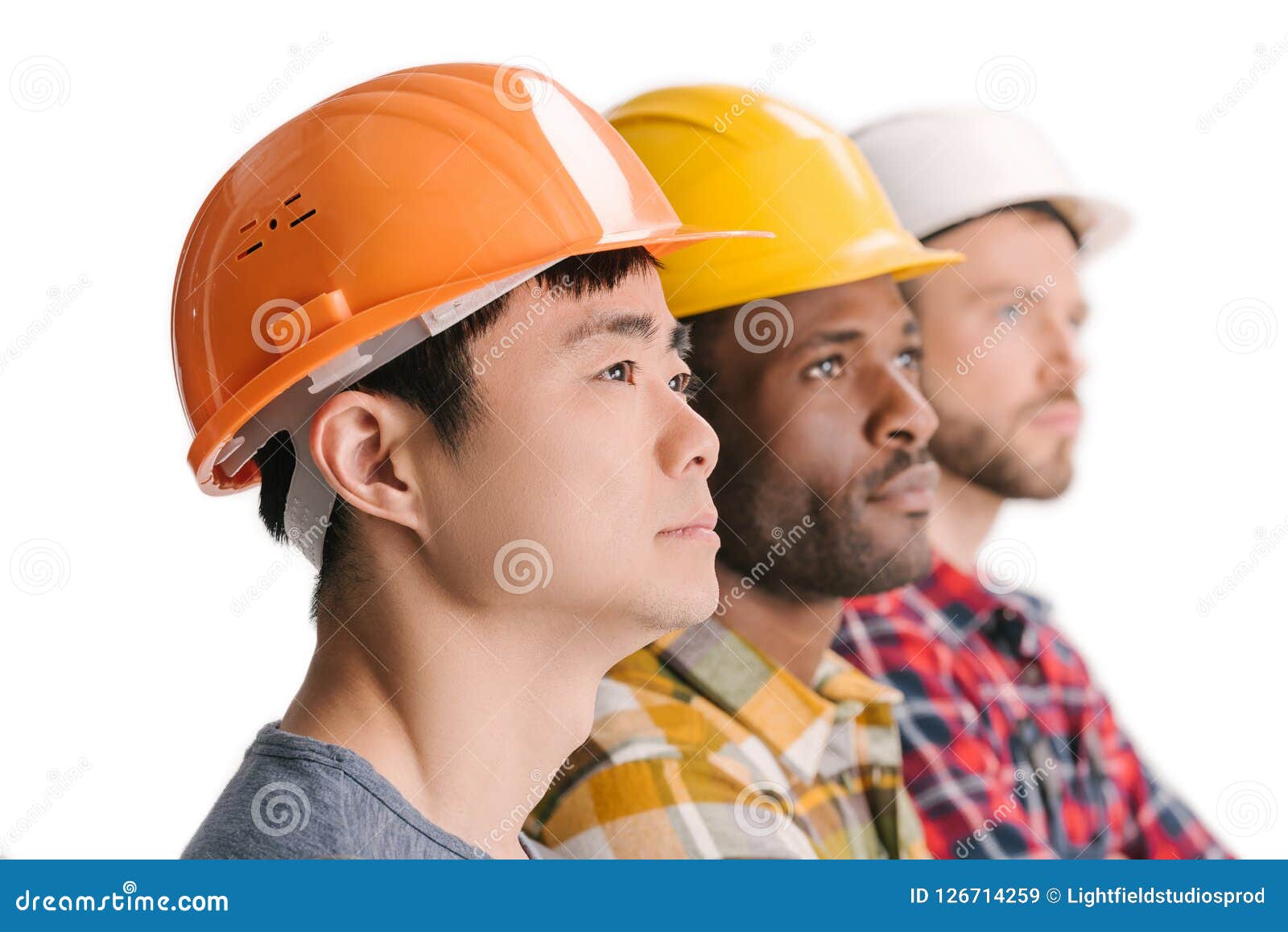 Side View of Group of Multiethnic Thoughtful Construction Workers Stock ...