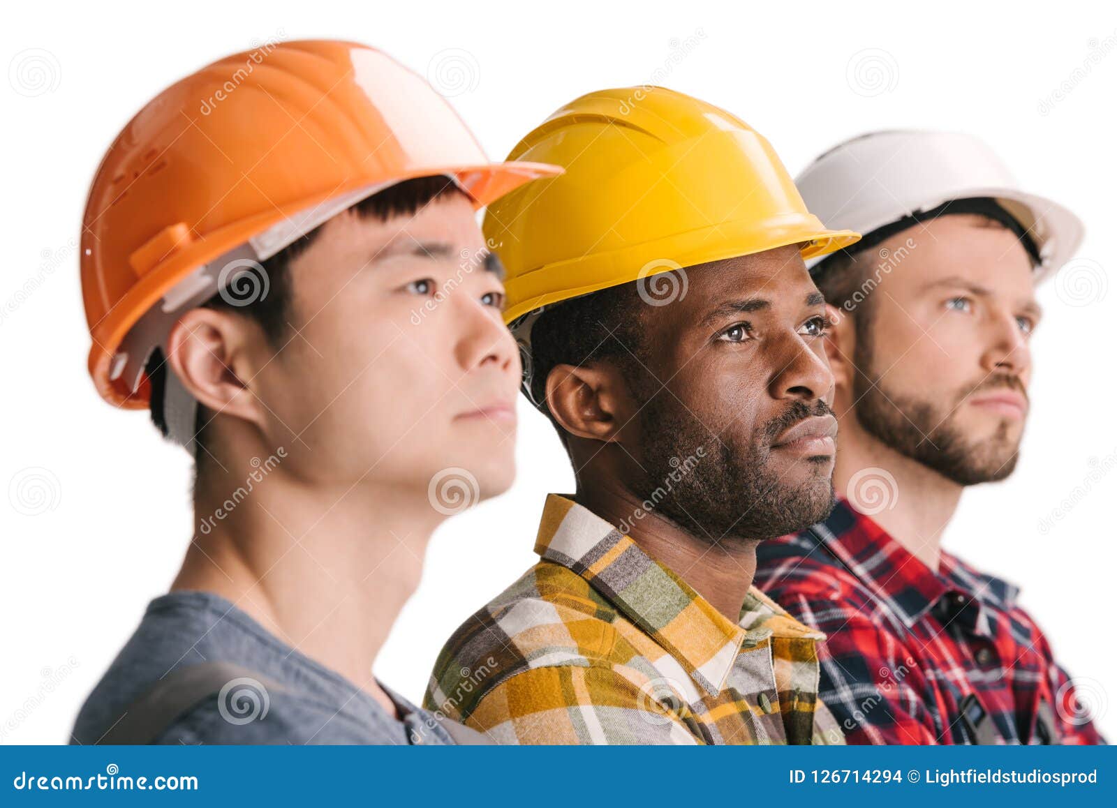 Side View of Group of Multiethnic Thoughtful Construction Workers Stock ...