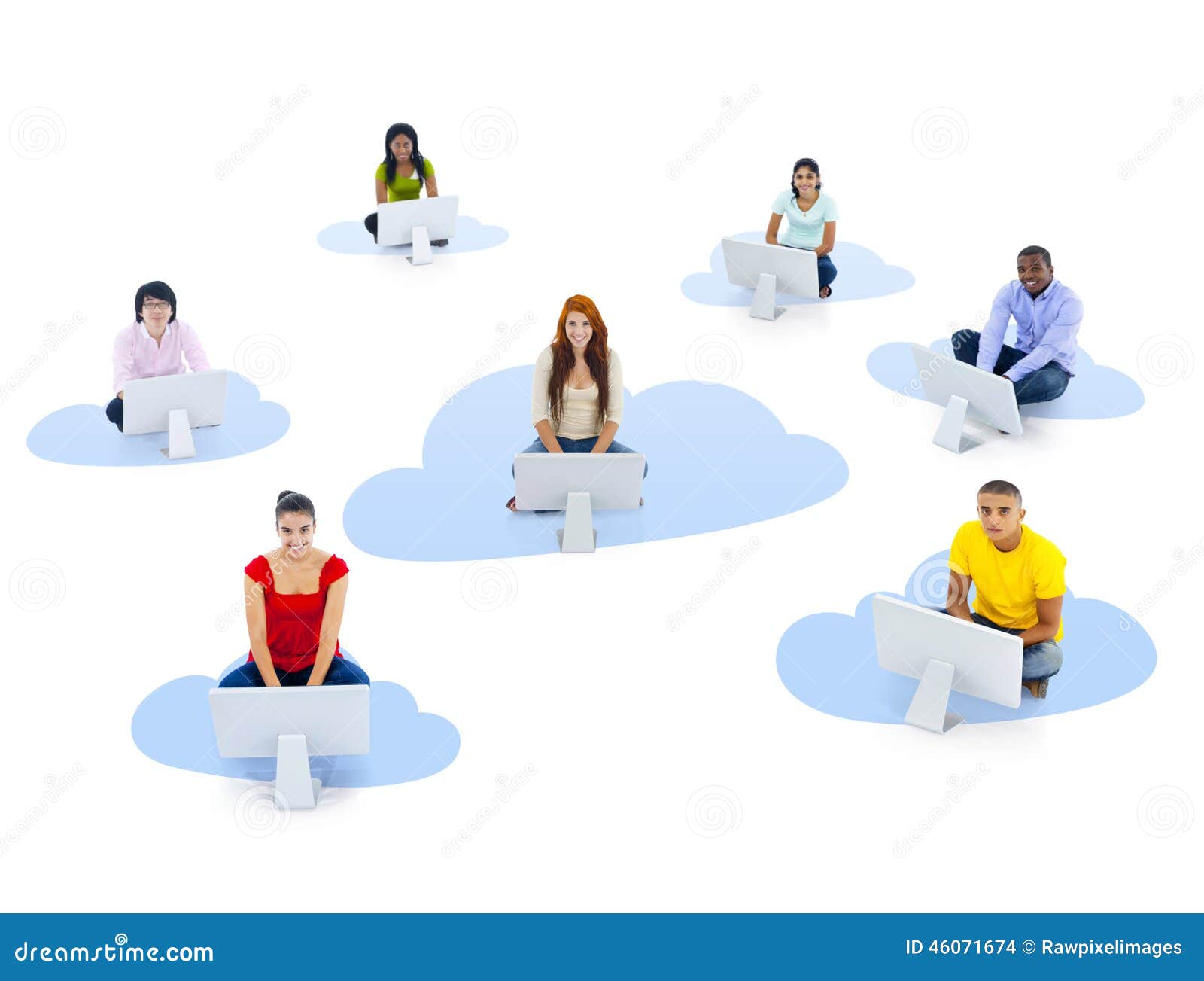 Group of Multiethnic People Sitting on a Cloud with Computer Stock ...