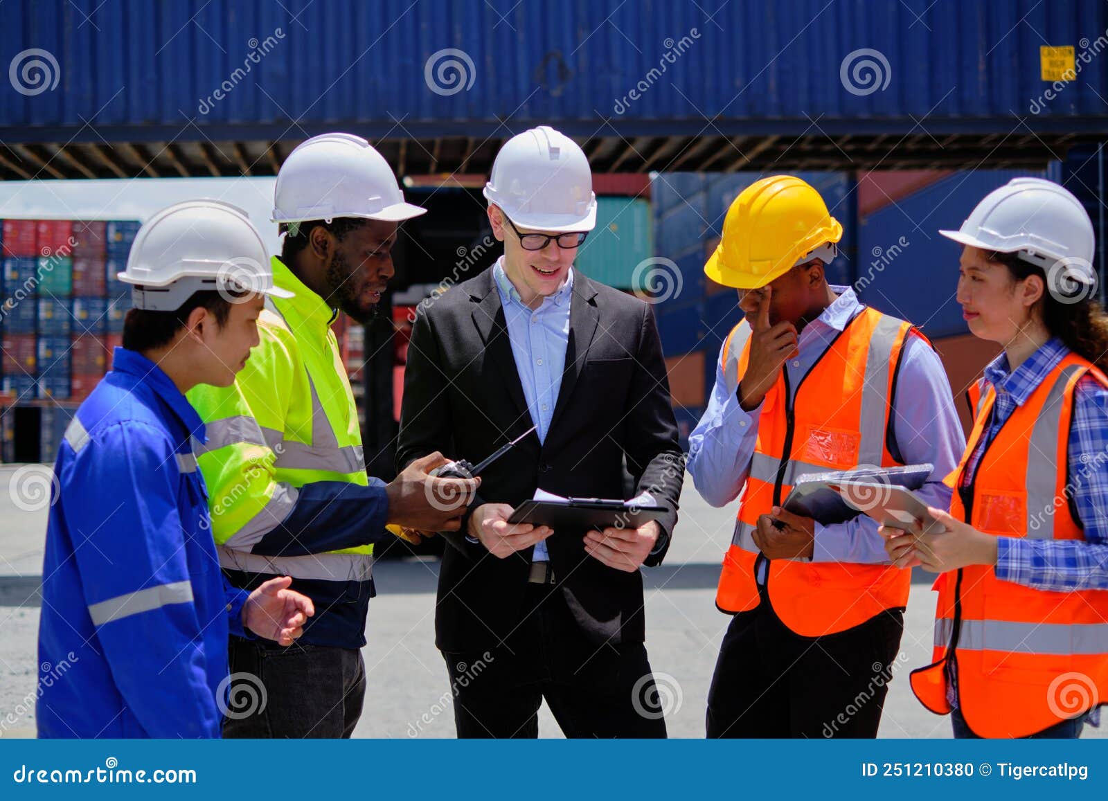 Group of Workers Teamwork at Logistics Terminal, Cargo Transportation ...