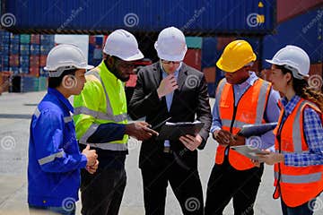 Group of Workers Teamwork at Logistics Terminal, Cargo Transportation ...
