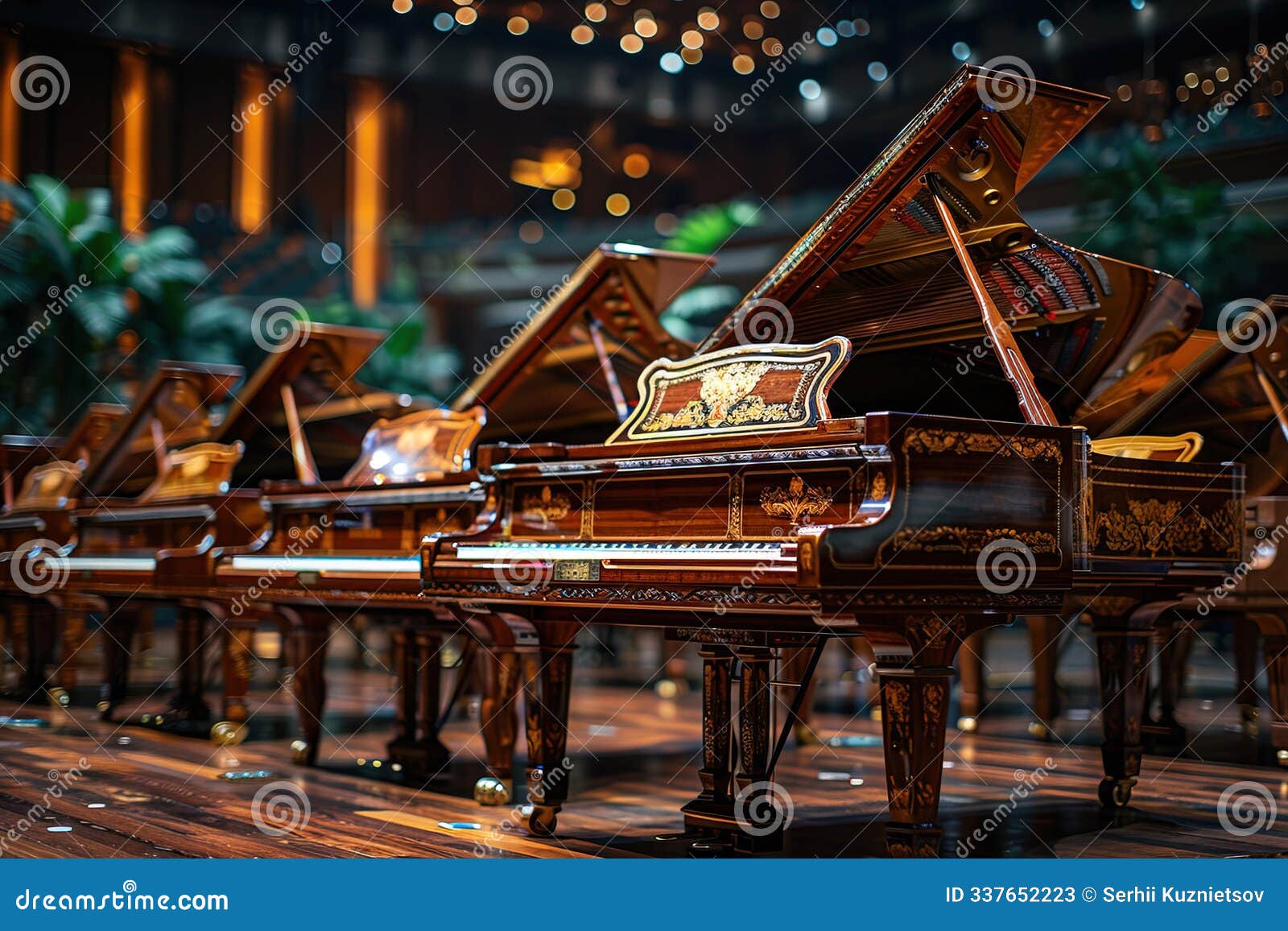 Group of Musical Instruments Classical Grand Pianos Stand in a Row on ...