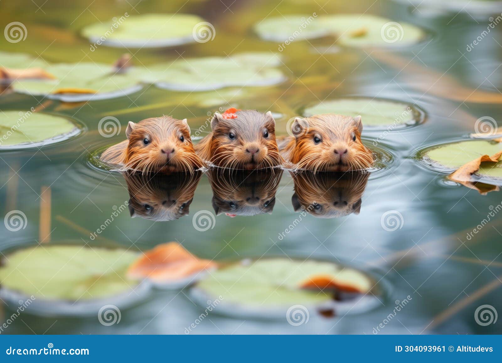 Group of Muskrats Floating on Pond Surface Stock Image - Image of ...
