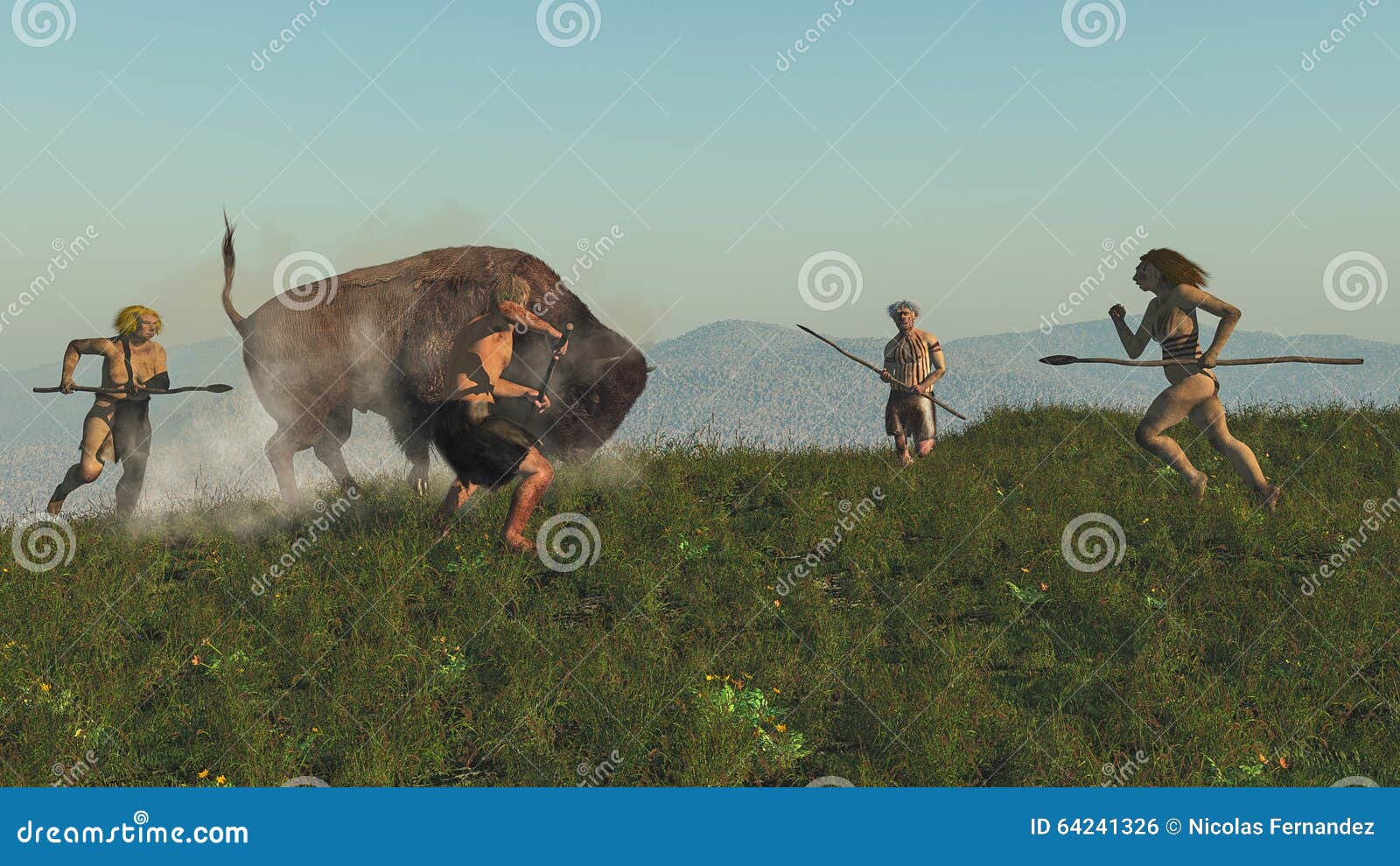 Group Of Neanderthal Hunting A Bison Stock Illustration - Image: 64241326