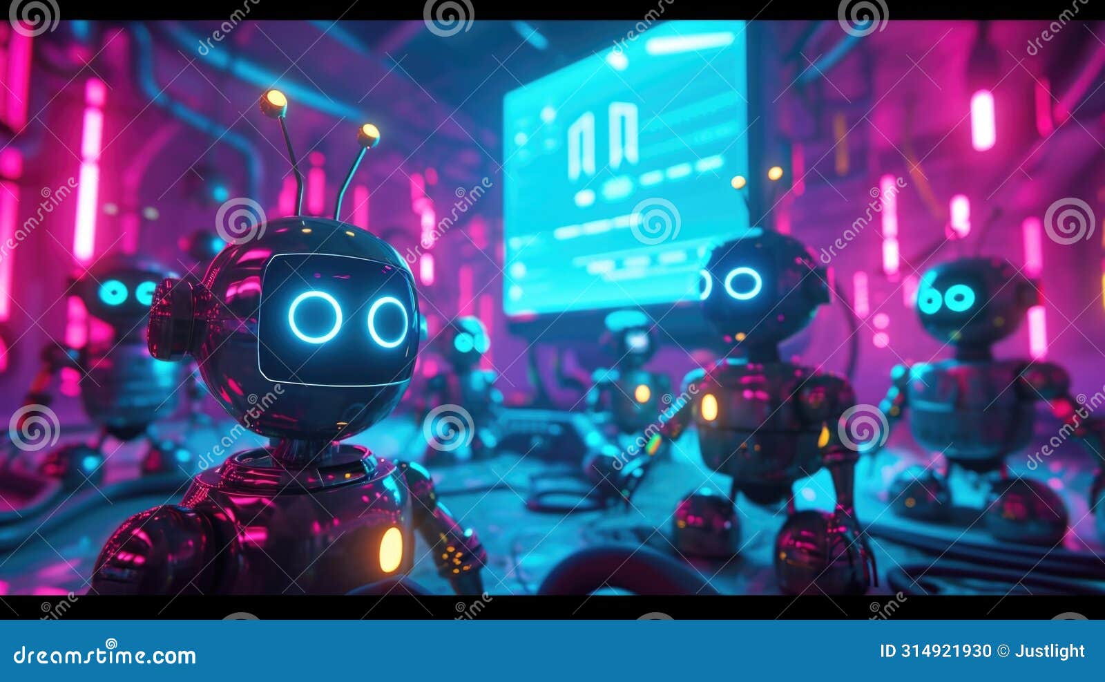 A Group of Neon Robots Gather Around a Holographic Display Processing ...