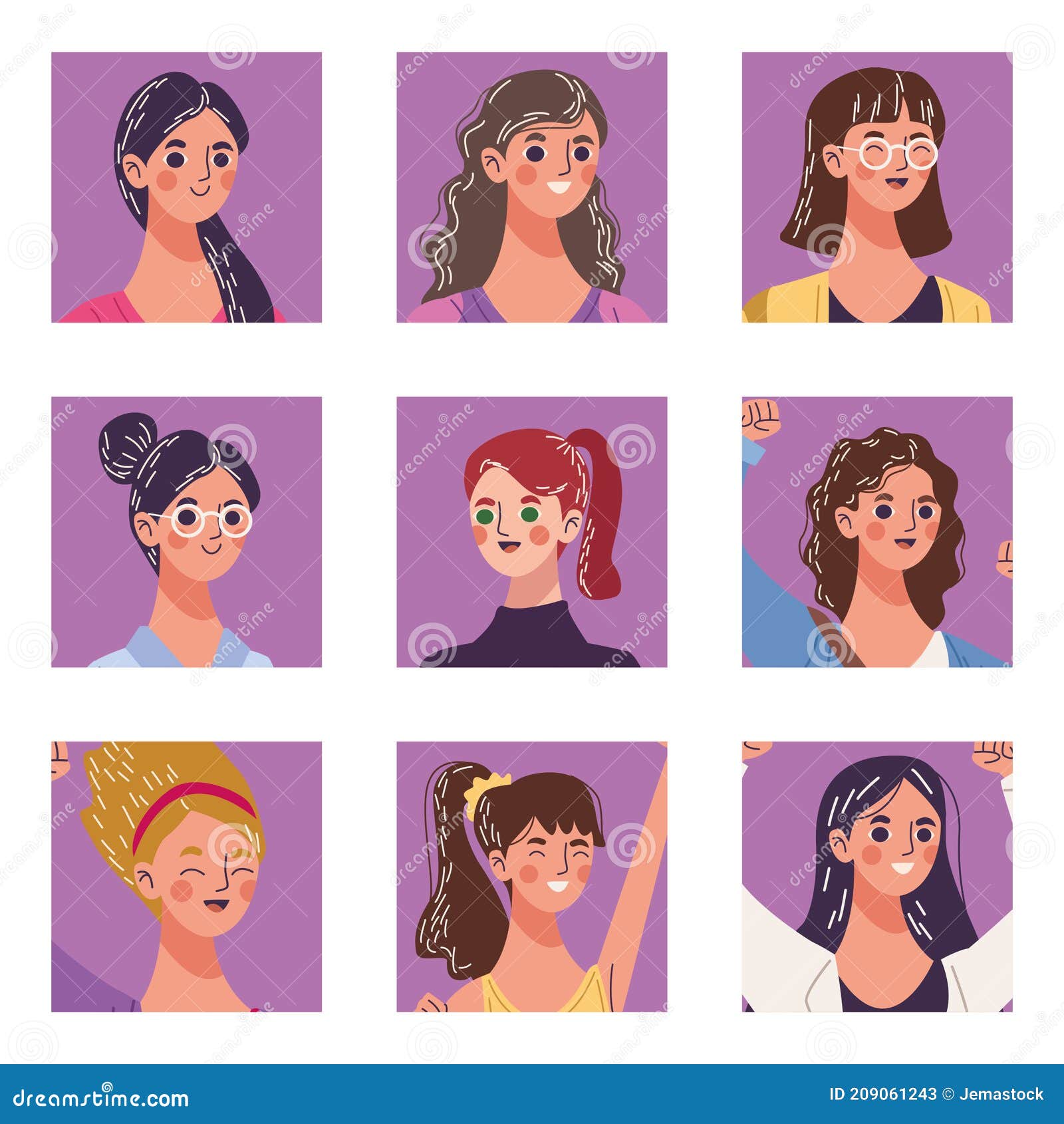 Group of Nine Beautiful Young Women Characters Stock Vector ...