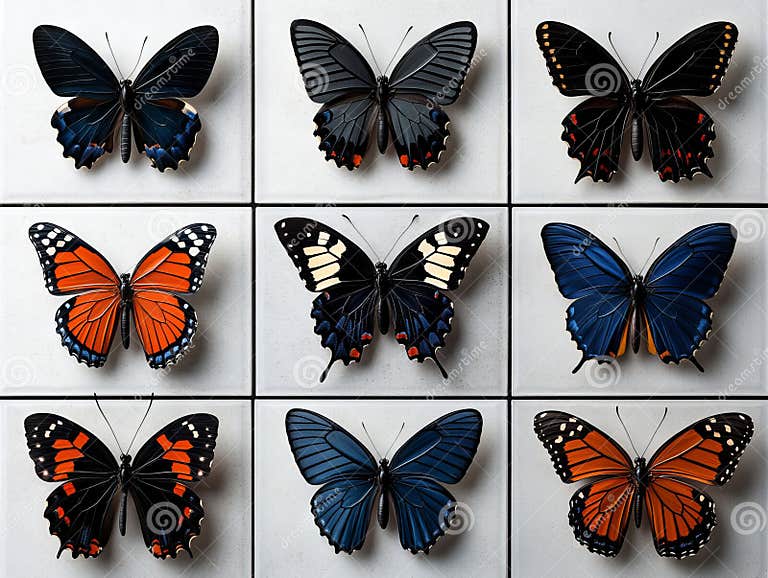 A Group of Nine Different Colored Butterflies on a White Surface Stock ...