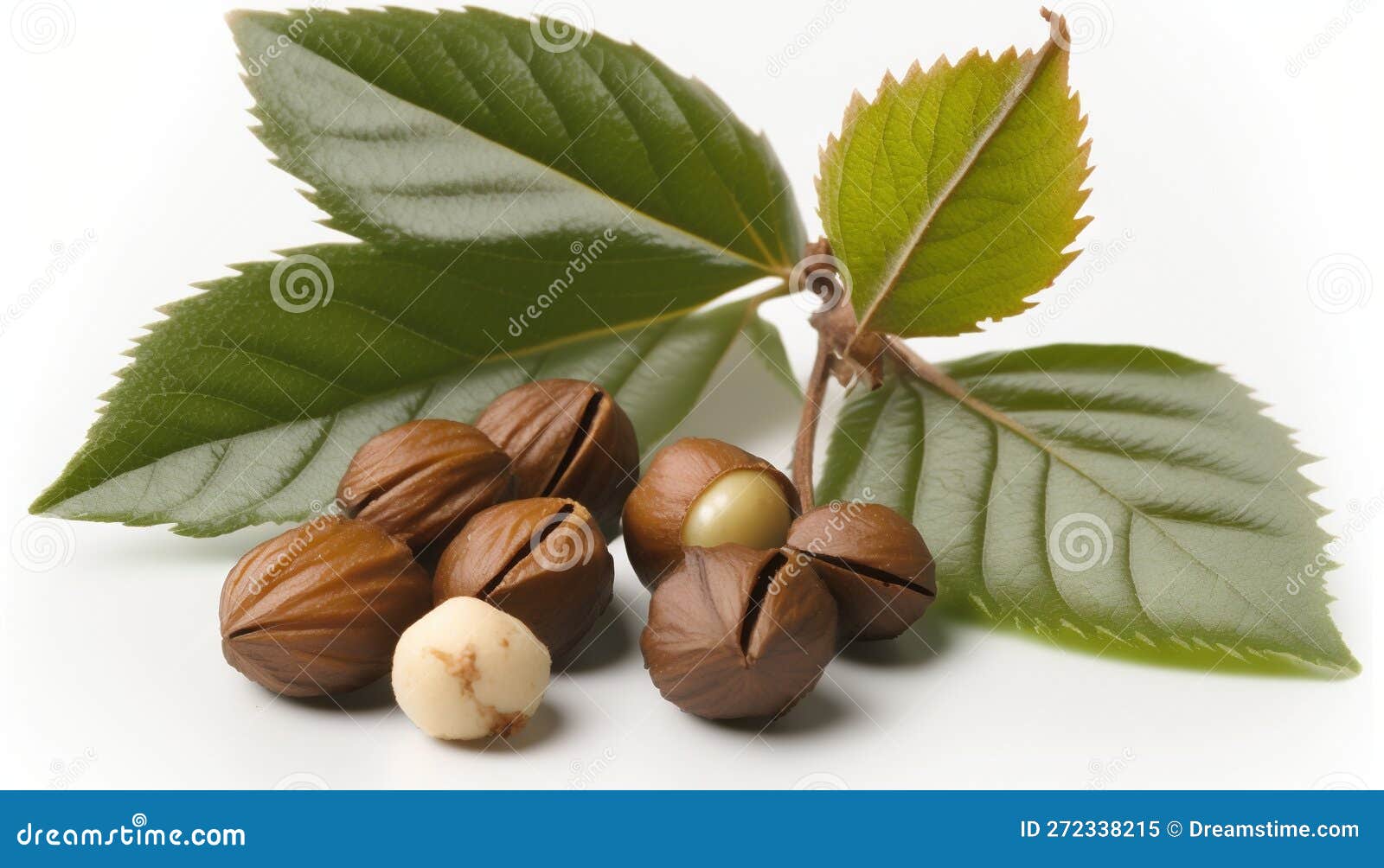 A Group of Nuts Sitting on Top of a Green Leaf Next To a Nut Shell on a ...