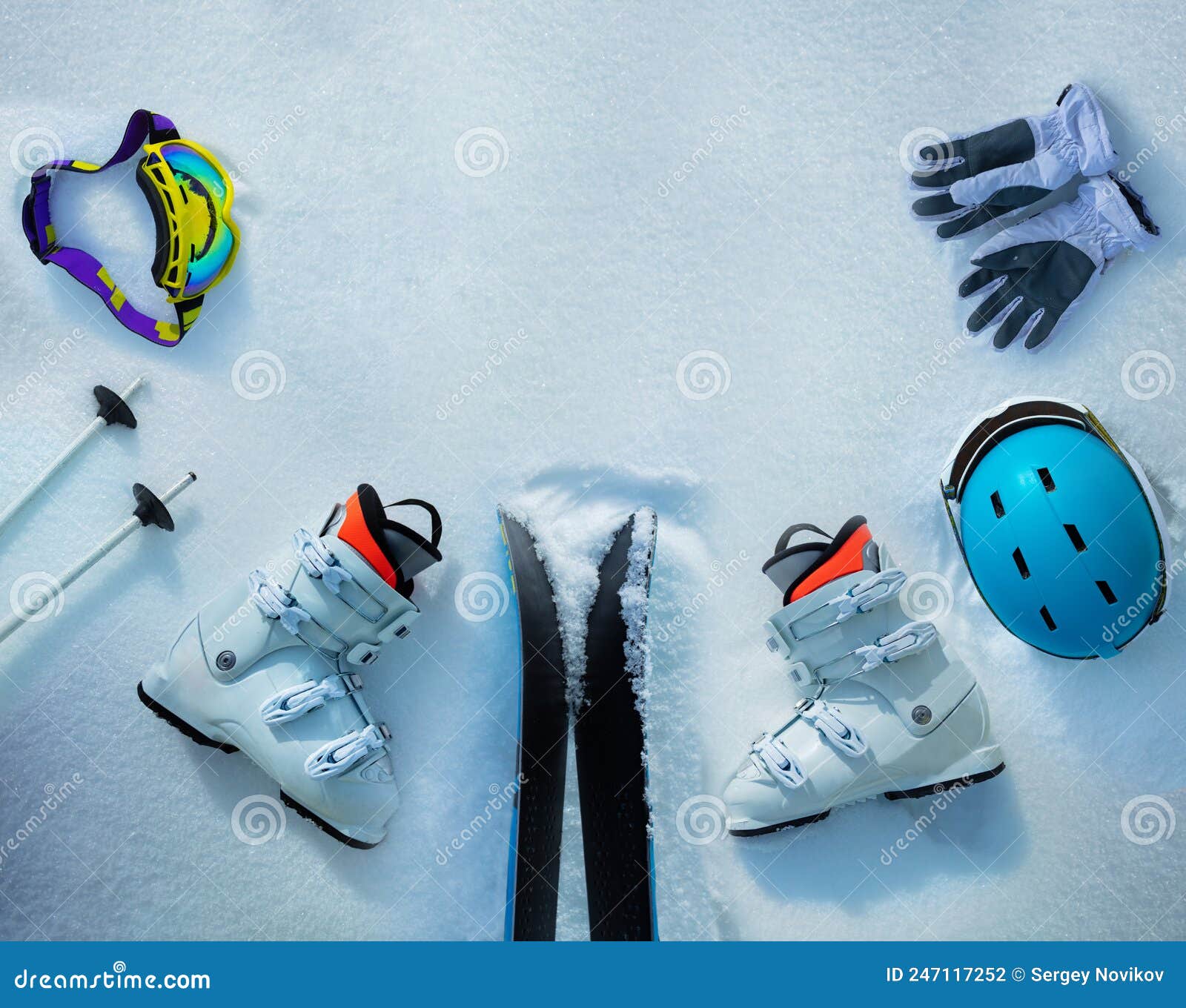 Group of Objects Ski Boots, Helmets, Masks in the Snow Stock Photo ...