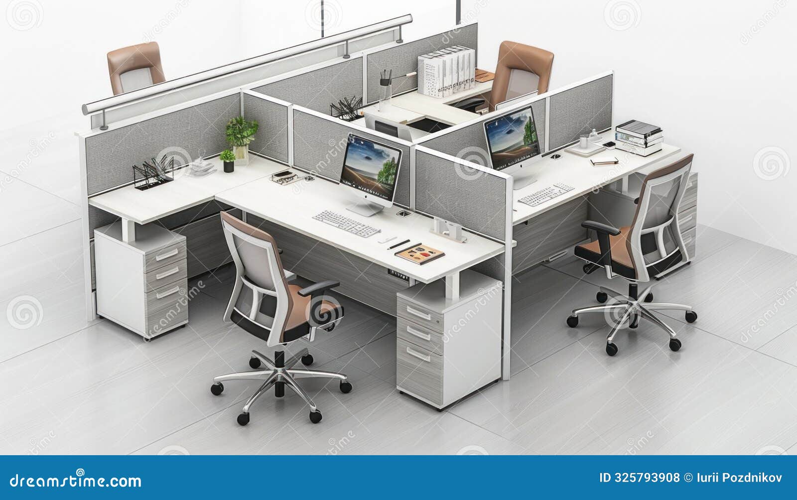 A Group of Office Cubicles with Computers and Chairs, Perfect for a ...