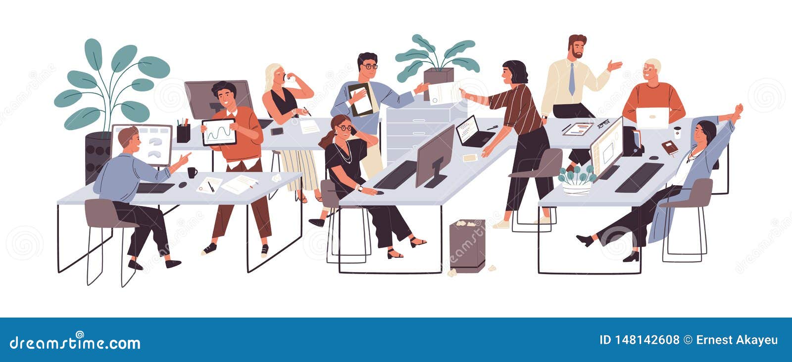 Group of Office Workers Sitting at Desks and Communicating or Talking ...