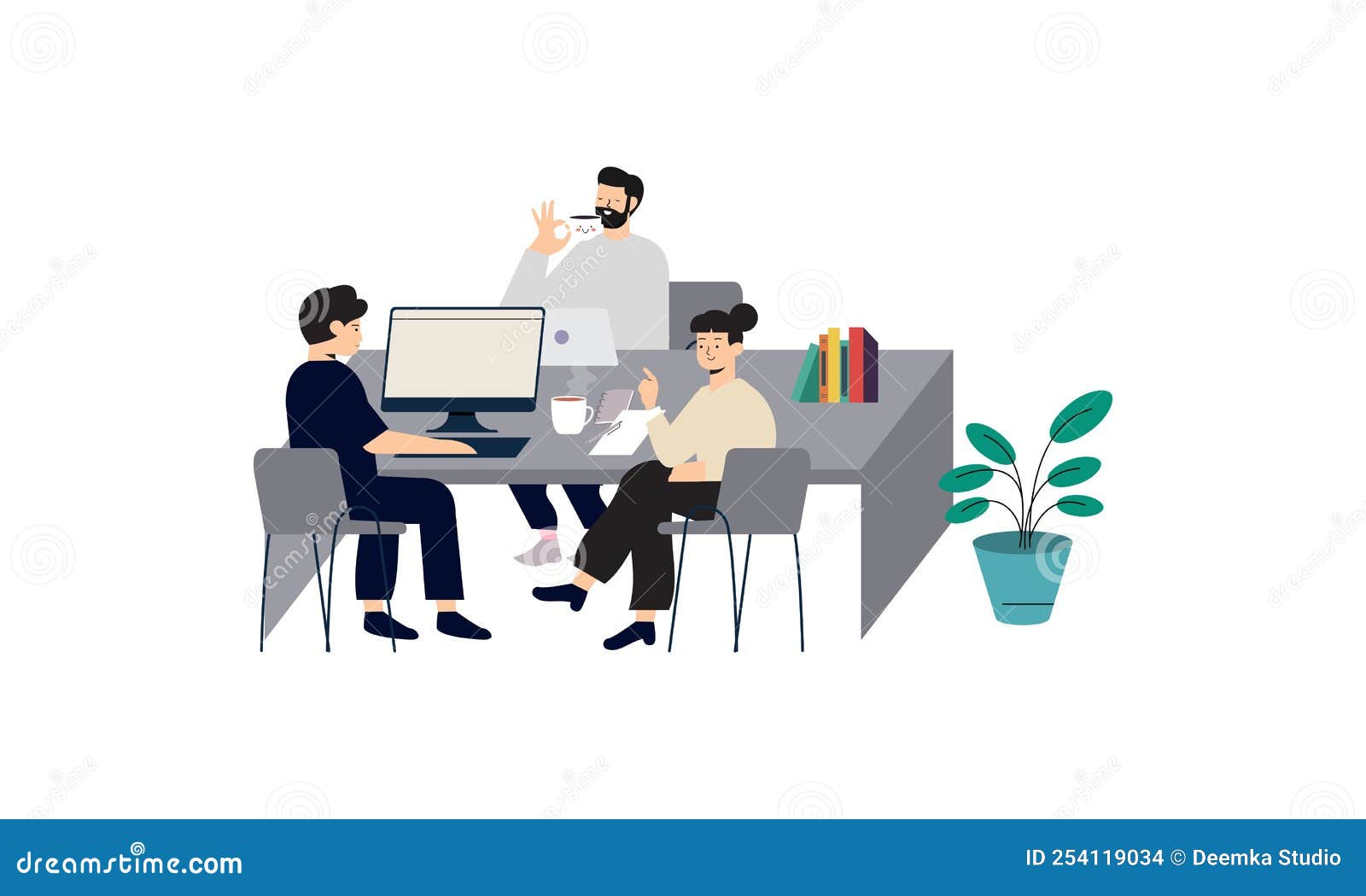 Group of Office Workers Sitting at Desks and Communicating or Talking ...