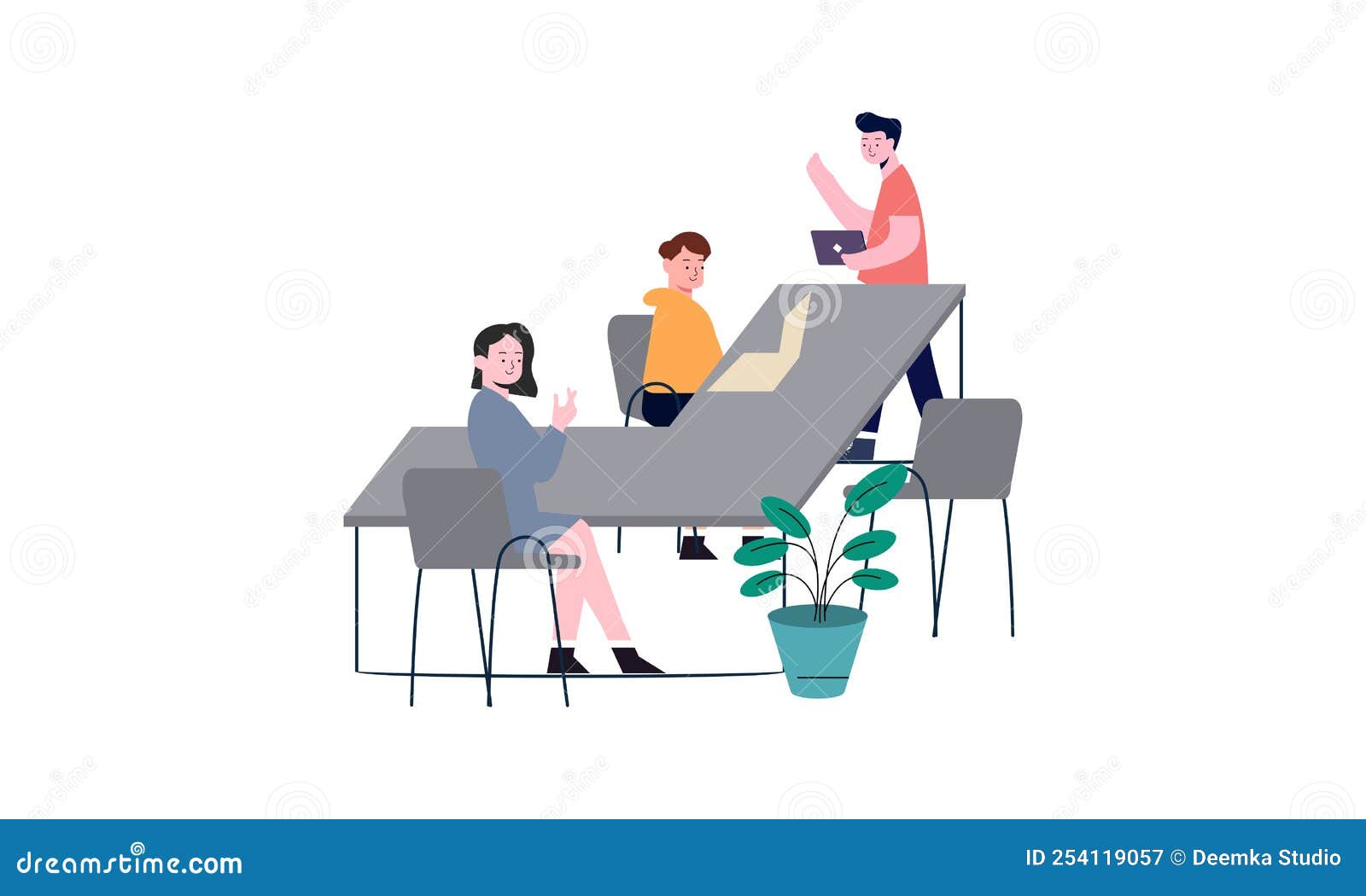 Group of Office Workers Sitting at Desks and Communicating or Talking ...