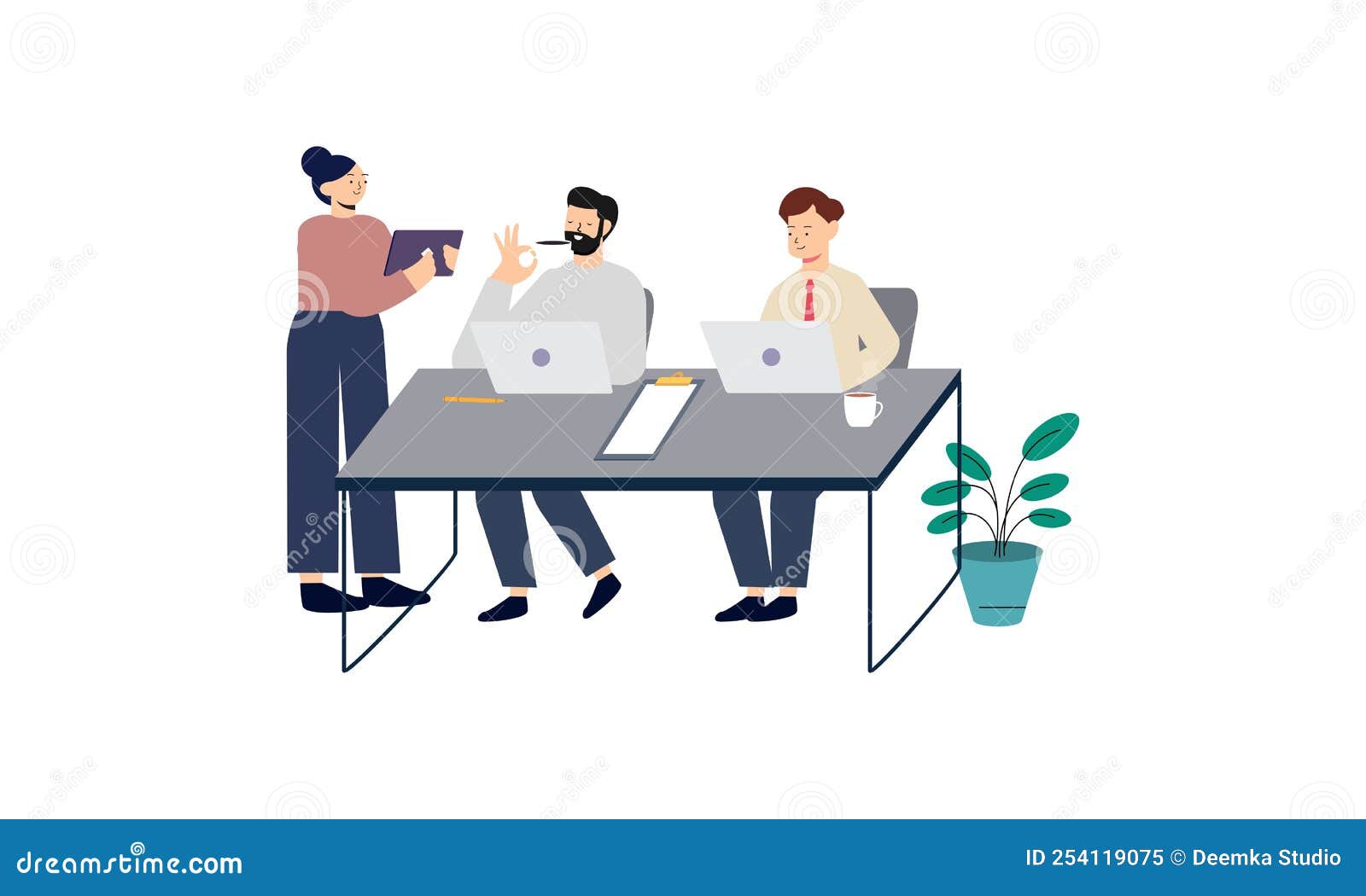 Group of Office Workers Sitting at Desks and Communicating or Talking ...