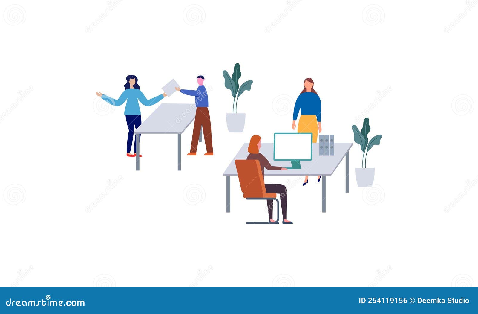 Group of Office Workers Sitting at Desks and Communicating or Talking ...