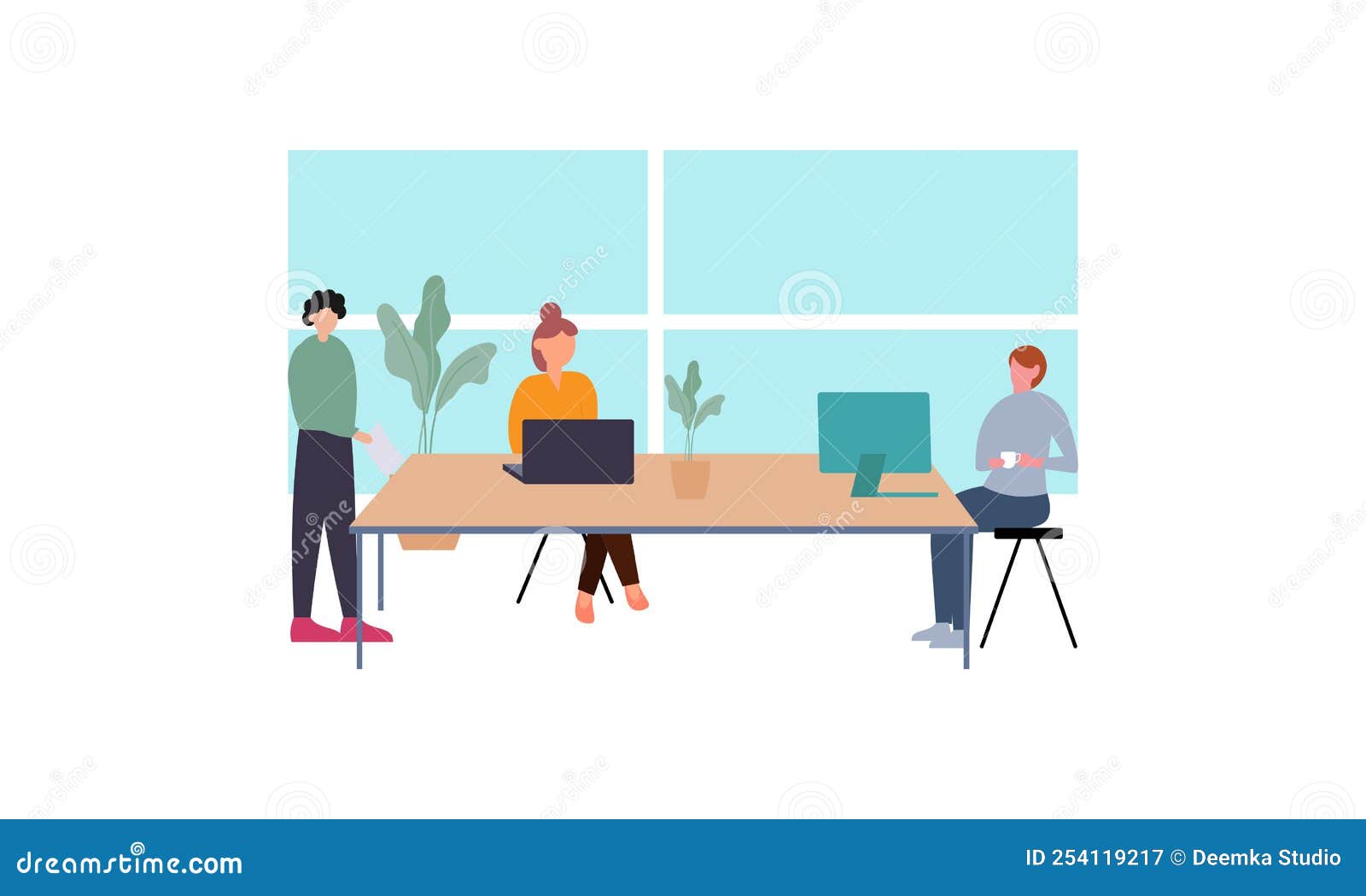 Group of Office Workers Sitting at Desks and Communicating or Talking ...
