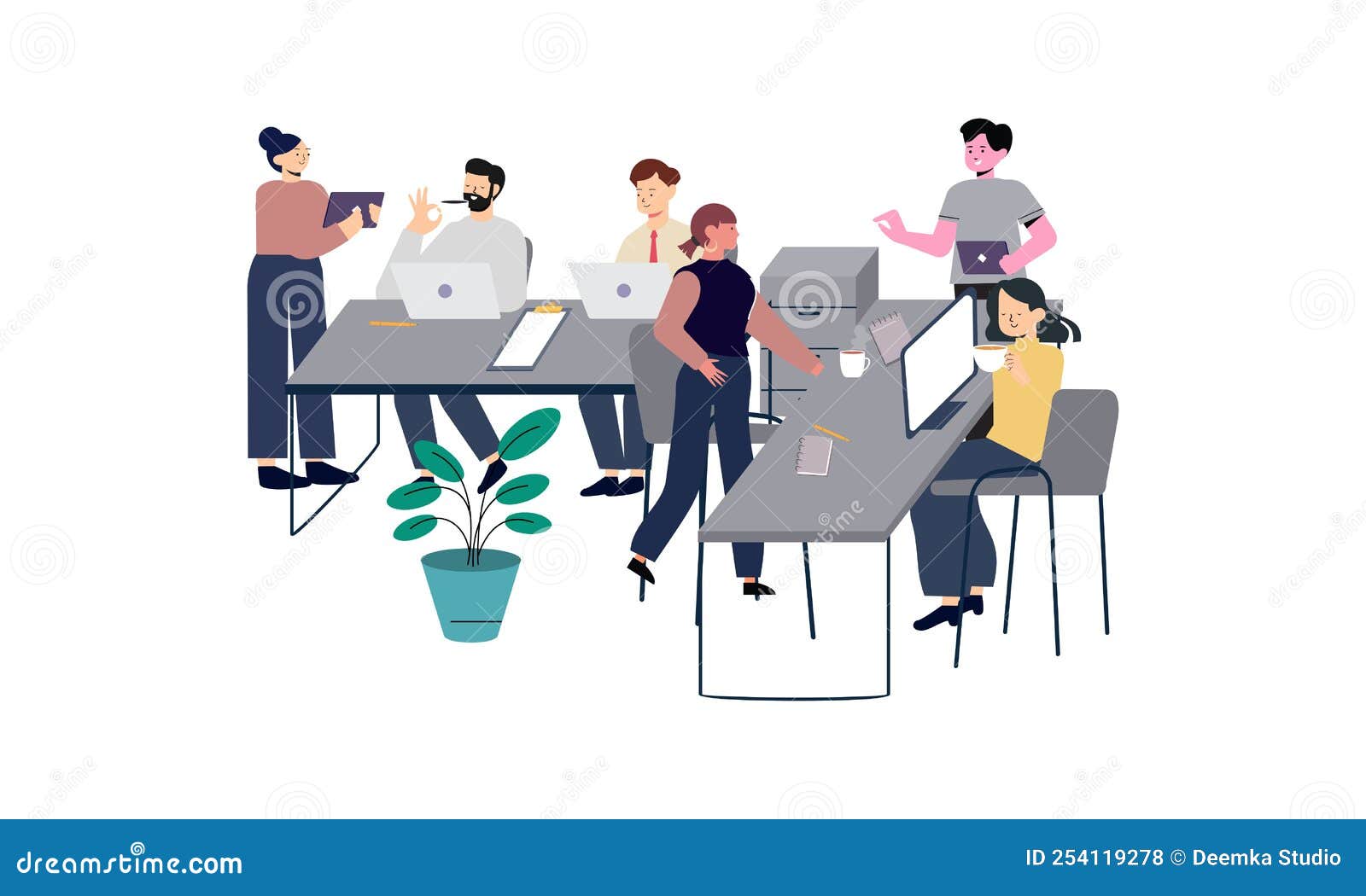 Group of Office Workers Sitting at Desks and Communicating or Talking ...