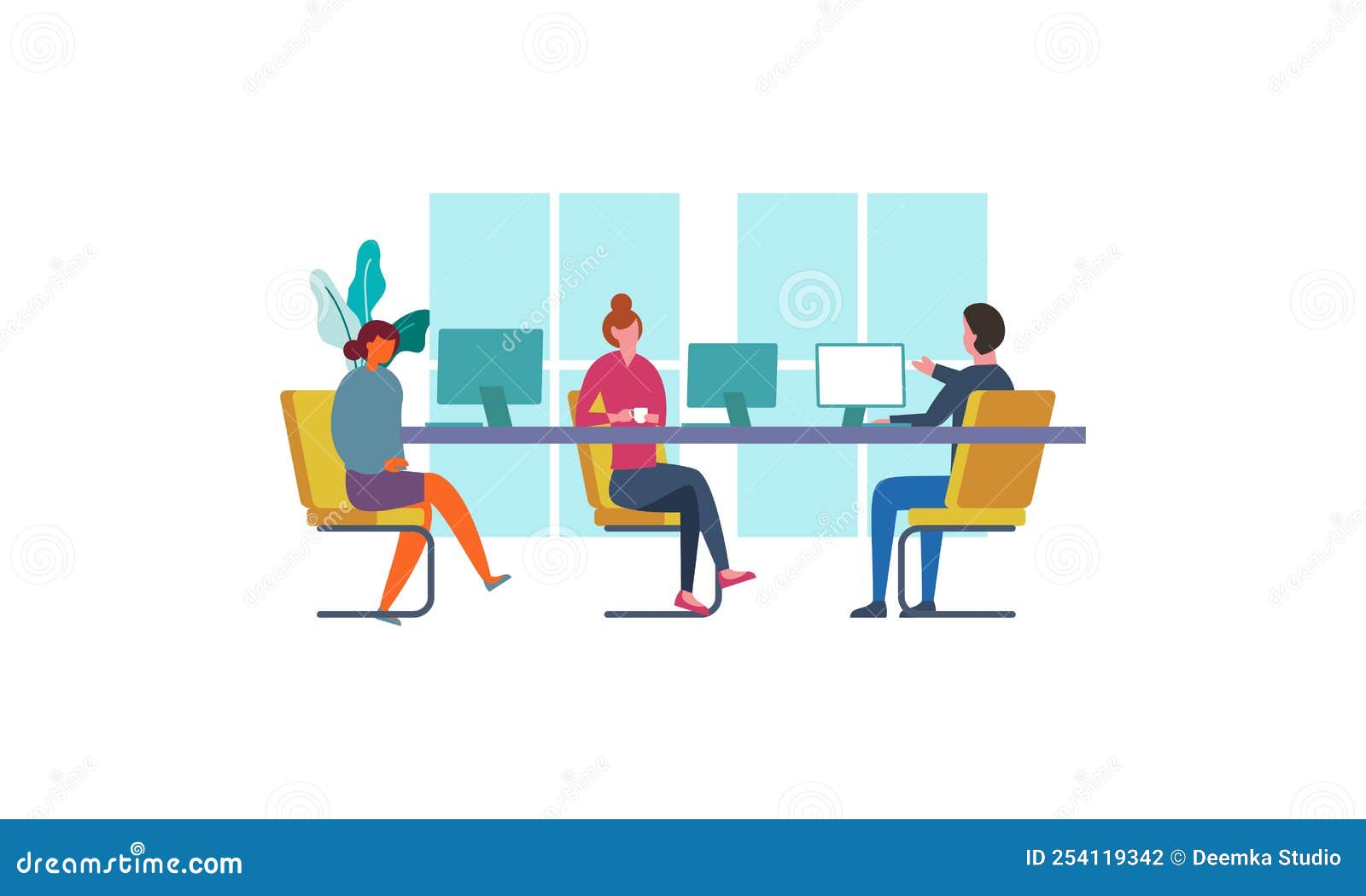 Group of Office Workers Sitting at Desks and Communicating or Talking ...