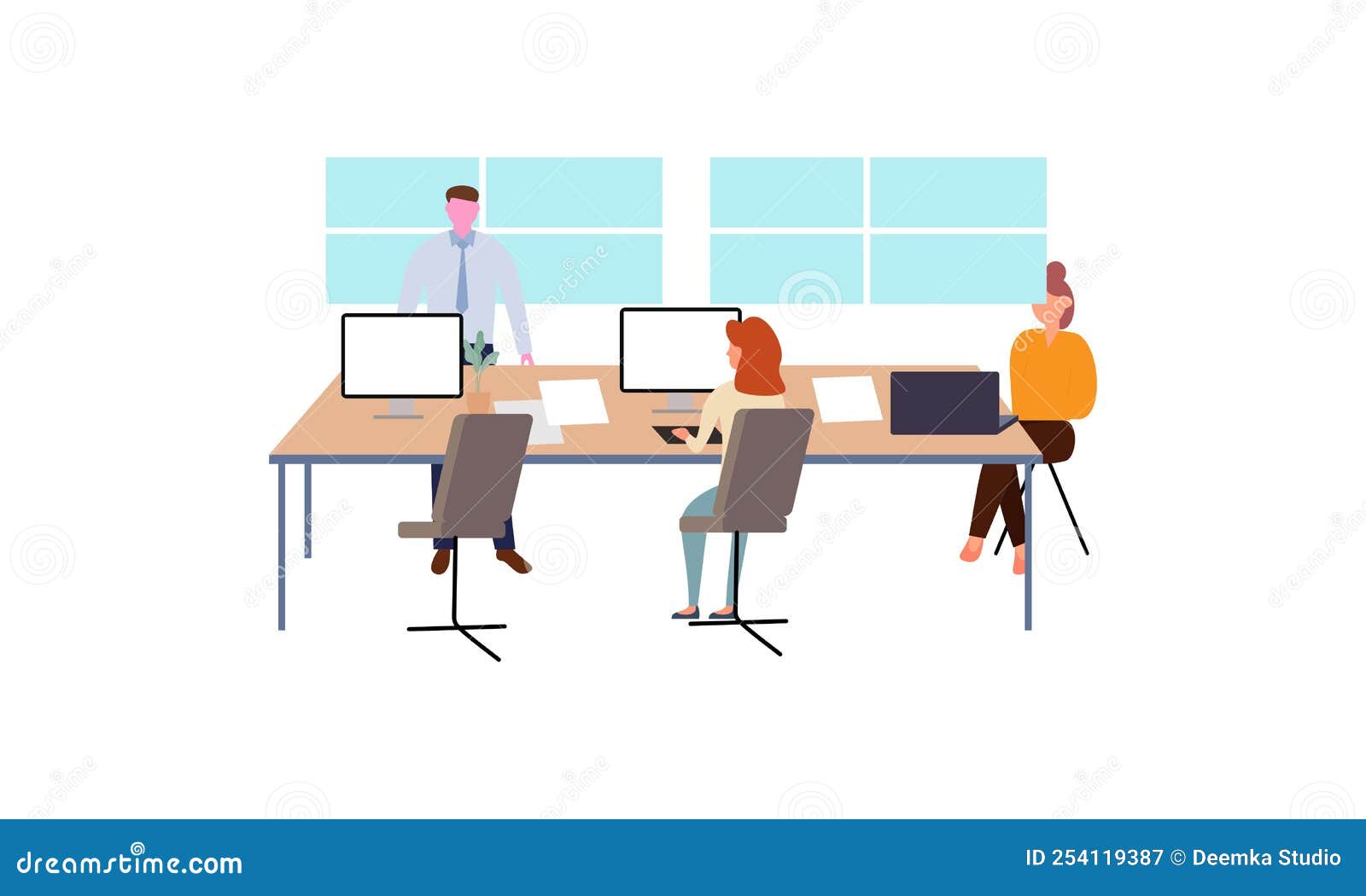 Group of Office Workers Sitting at Desks and Communicating or Talking ...