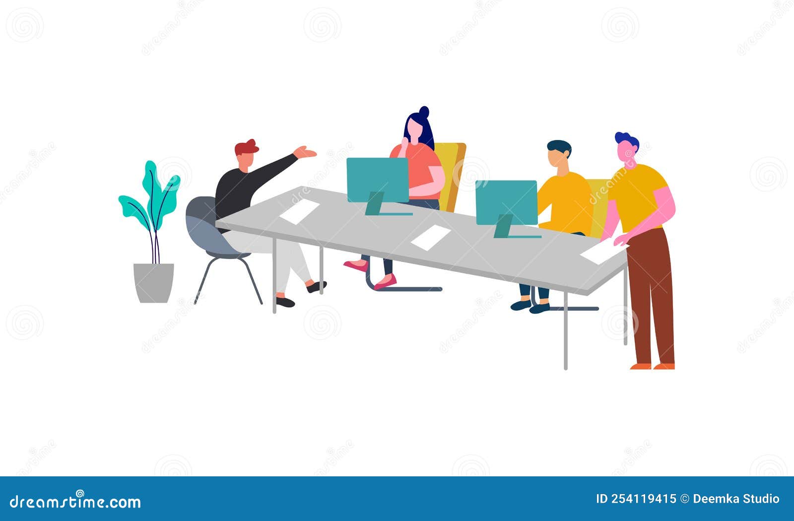 Group of Office Workers Sitting at Desks and Communicating or Talking ...