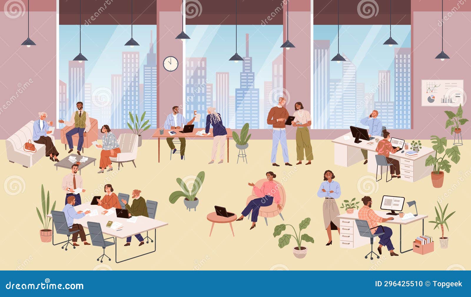 Group Office Workers Work in Coworking Space. Tables with Computers and ...