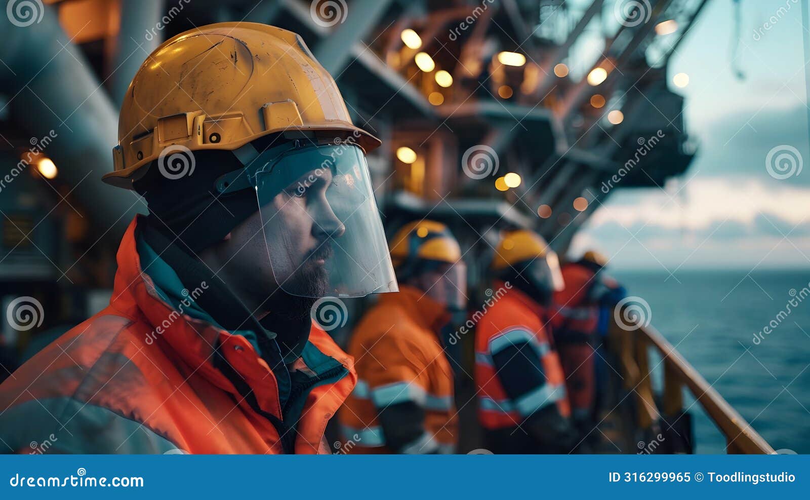 Group Of Oil Rig Workers Collaborating On Offshore Platform With ...