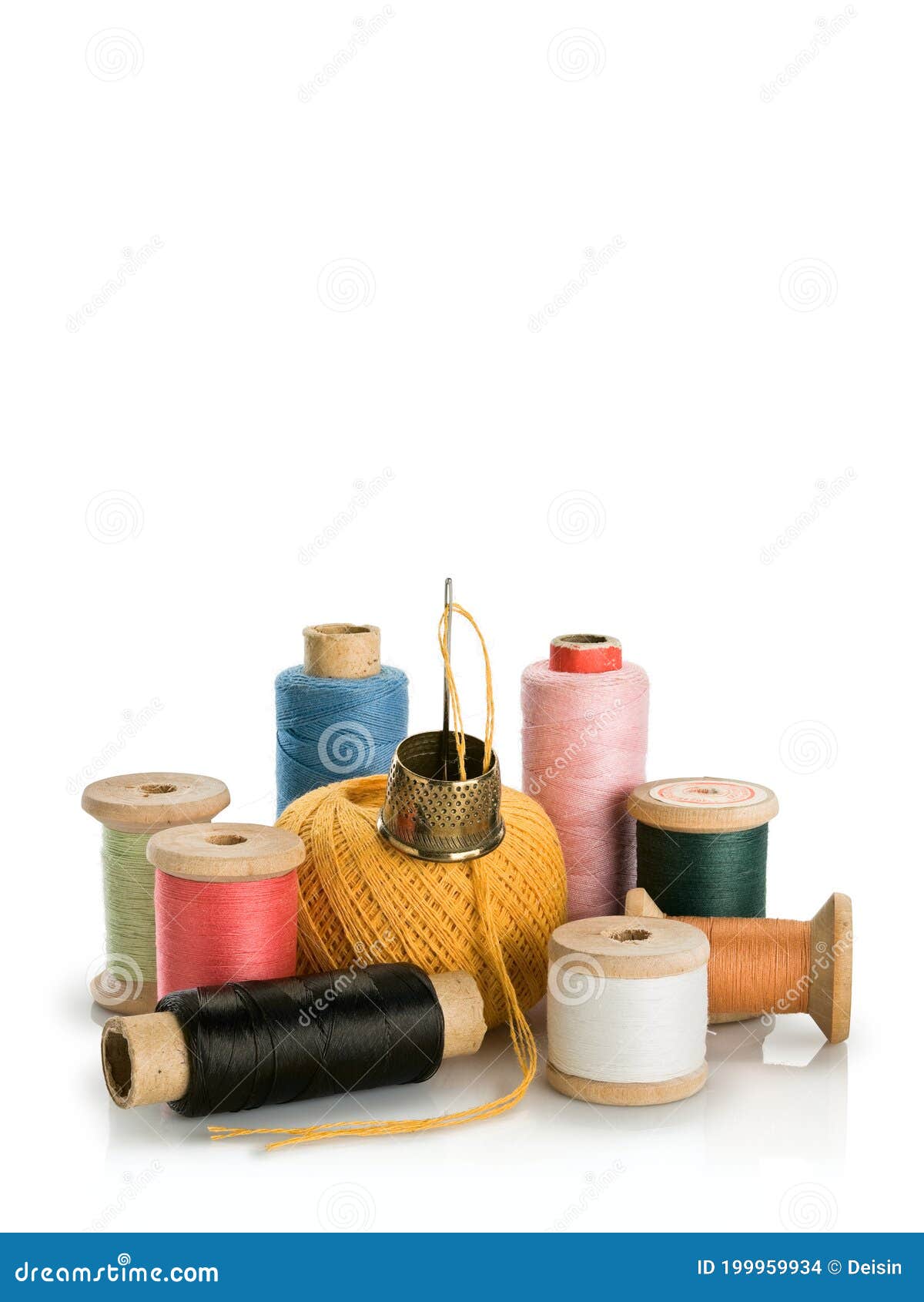 Group of Old Coils with Multi-colored Threads and Needle with Thimble ...