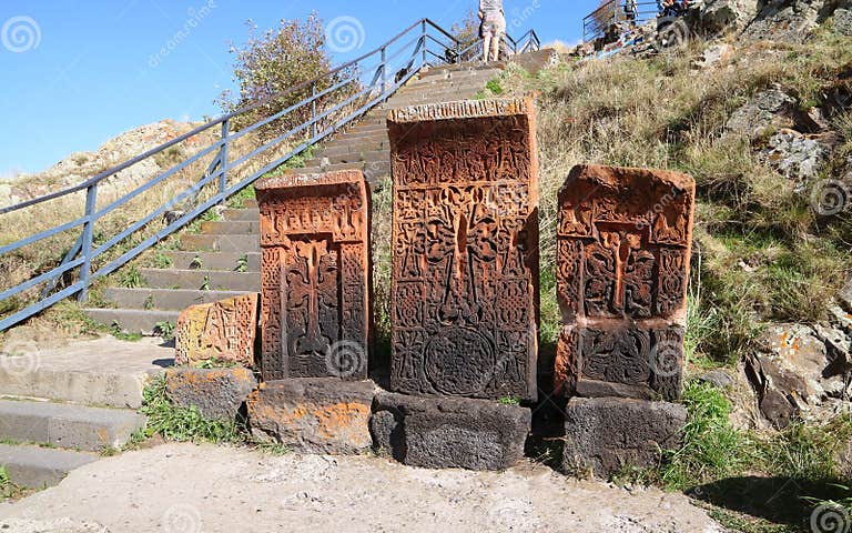 Group of Old Khachkar Armenian Cross-stones beside the Stairs Up To Sevanavank Monastery, Sevan ...
