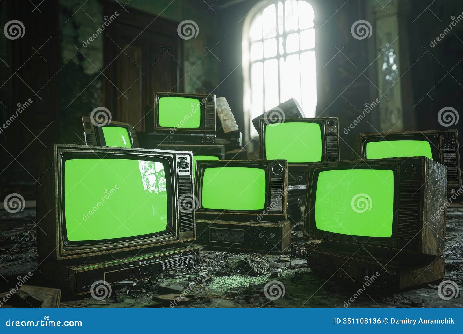 A Group of Old TV Sets Featuring Green Screen Backdrops. Stock Photo ...