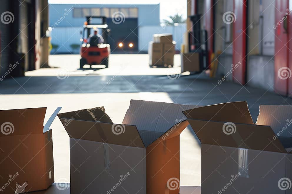 A Group of Open Boxes Stacked, Warehouse Forklift in the Distance Stock ...