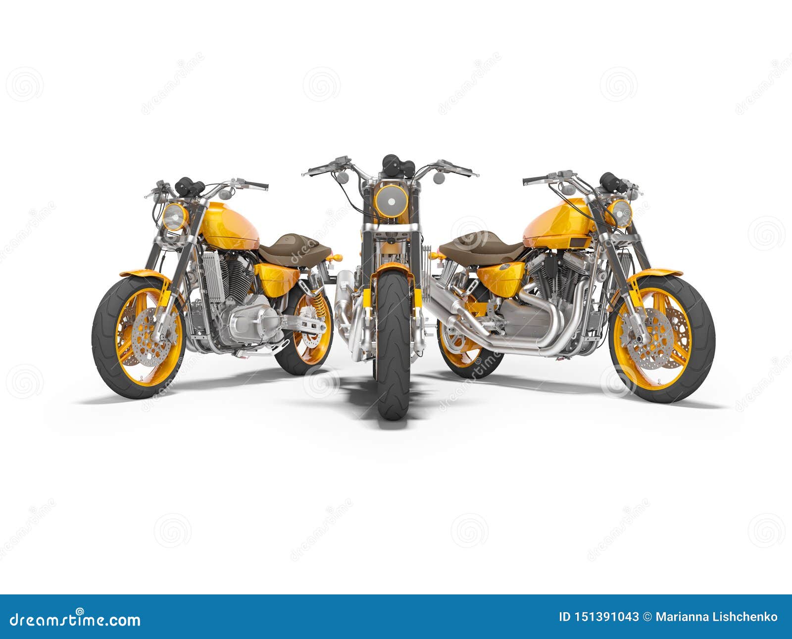 Group Of Orange Motorcycles Front View 3d Render On White Background ...