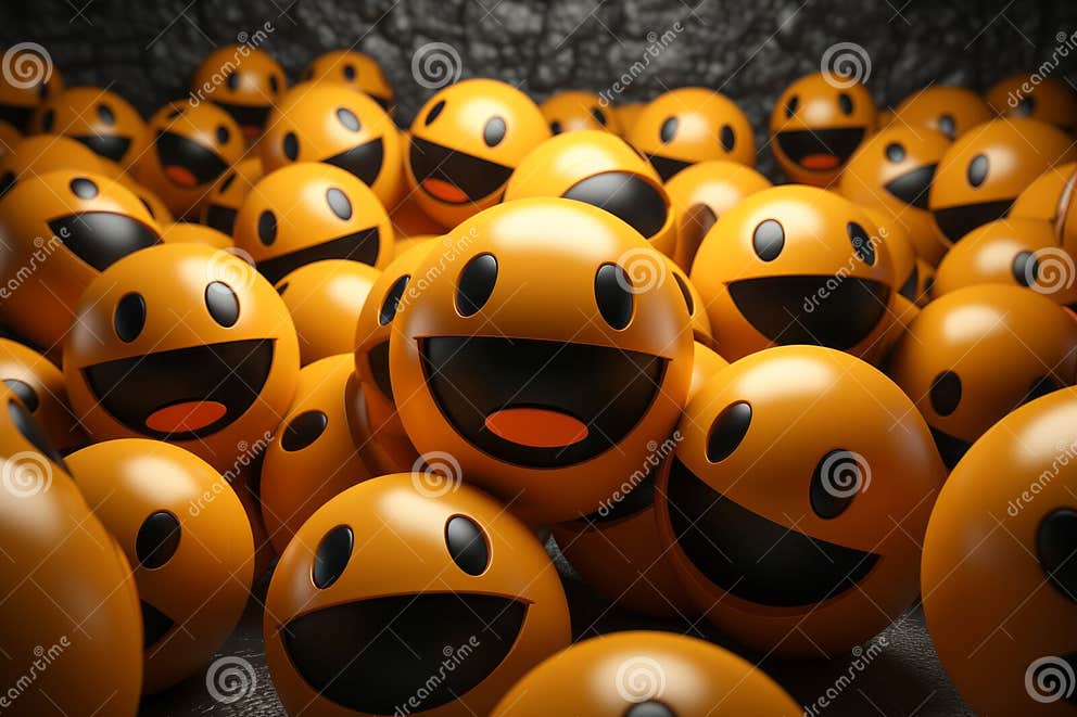 A Group of Orange Smiley Faces in a Dark Room Stock Illustration ...