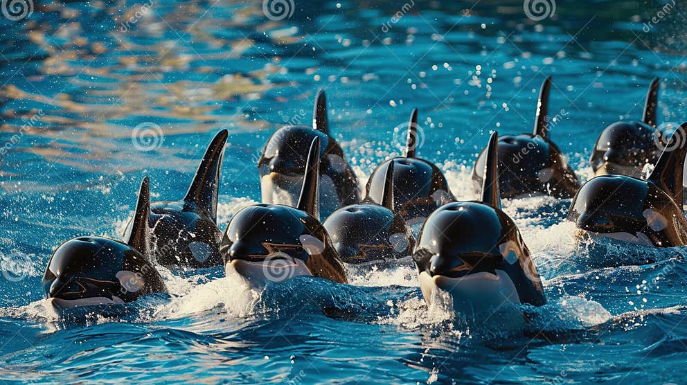 A Group of Orcas Perform a Synchronized Swimming Routine Leaping Out of the Water in Unison ...