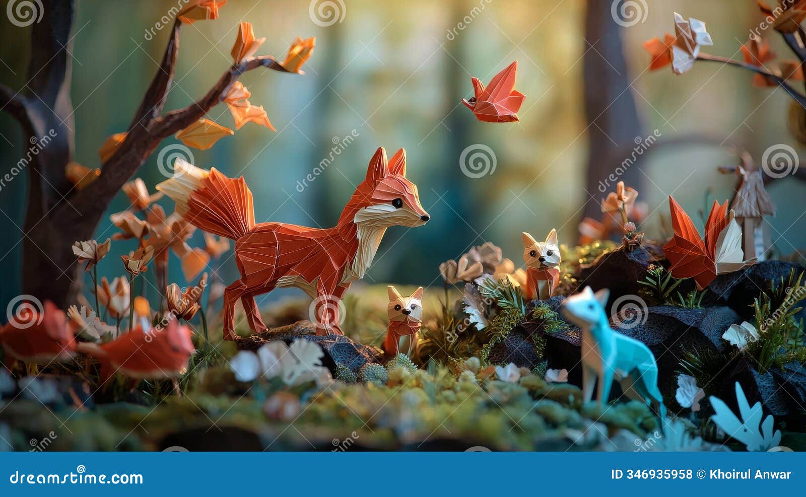 A Group of Origami Animals St Together in a Forest Setting Stock ...