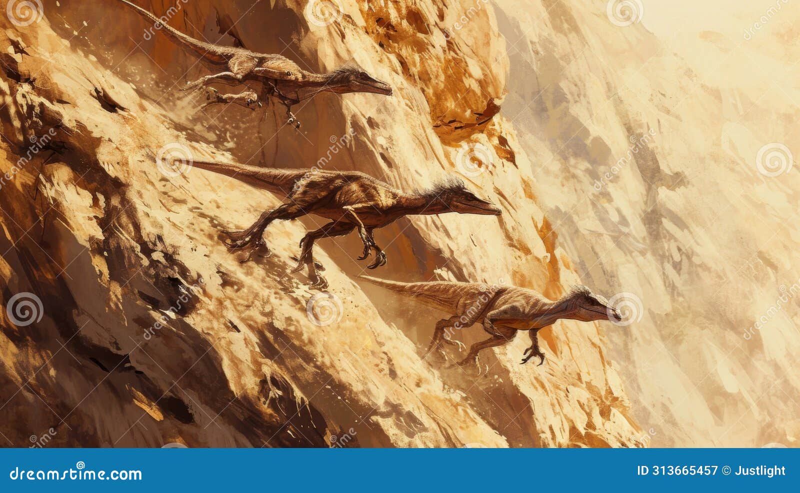A Group of Ornitholestes Scramble Up a Steep Cliff Their Sharp Claws ...