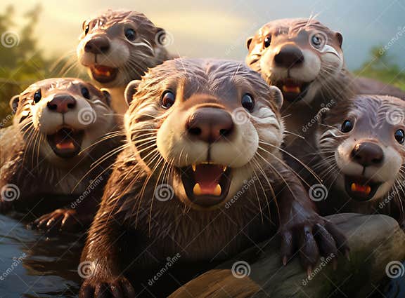 A Group of Otters Look at the Camera in a Friendly Way Stock Image ...