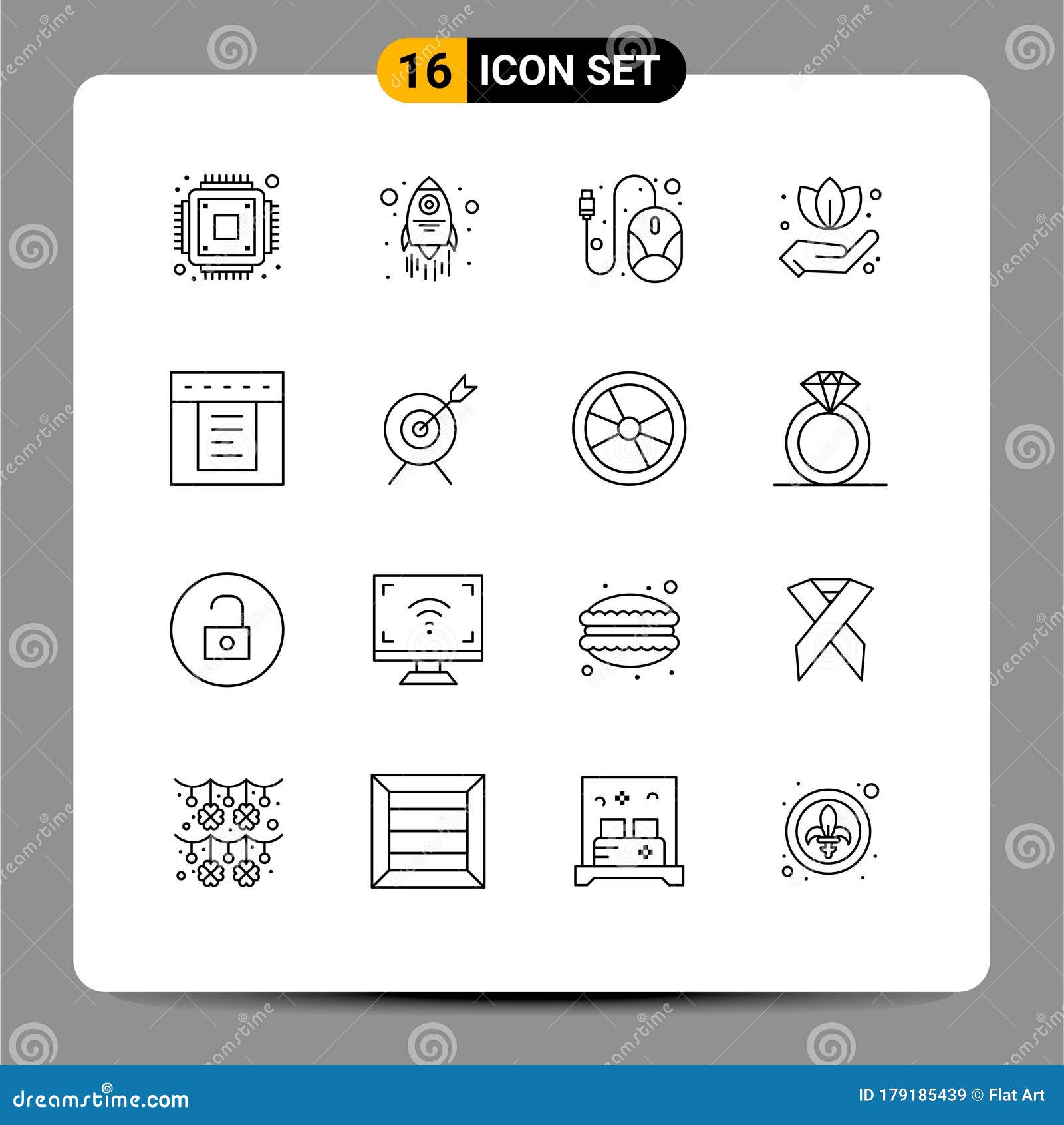 Group of 16 Outlines Signs and Symbols for Aim, Web, Mouse, Tabs, Leaf ...