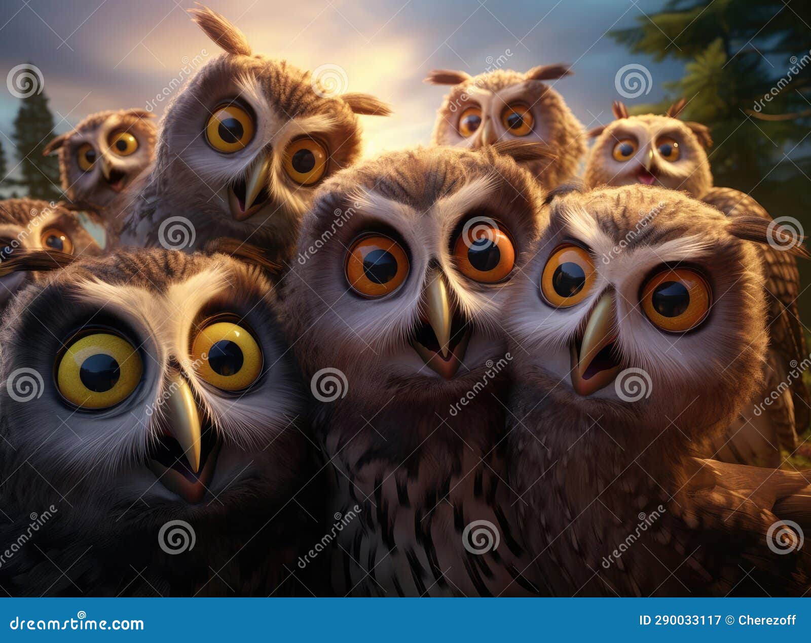 A group of owls stock illustration. Illustration of plumage - 290033117