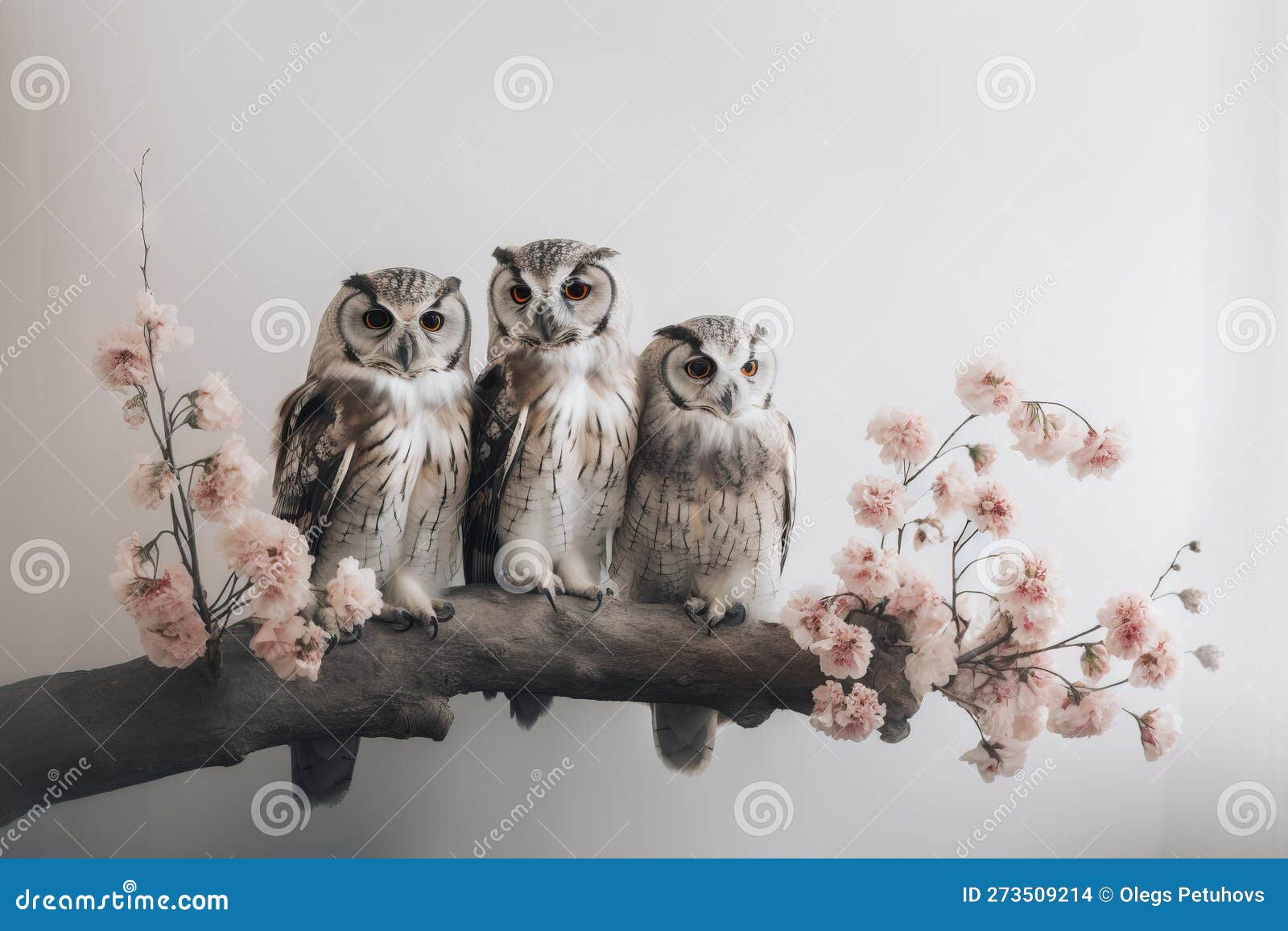 A Group of Owls Sitting on a Branch with Pink Flowers Stock ...
