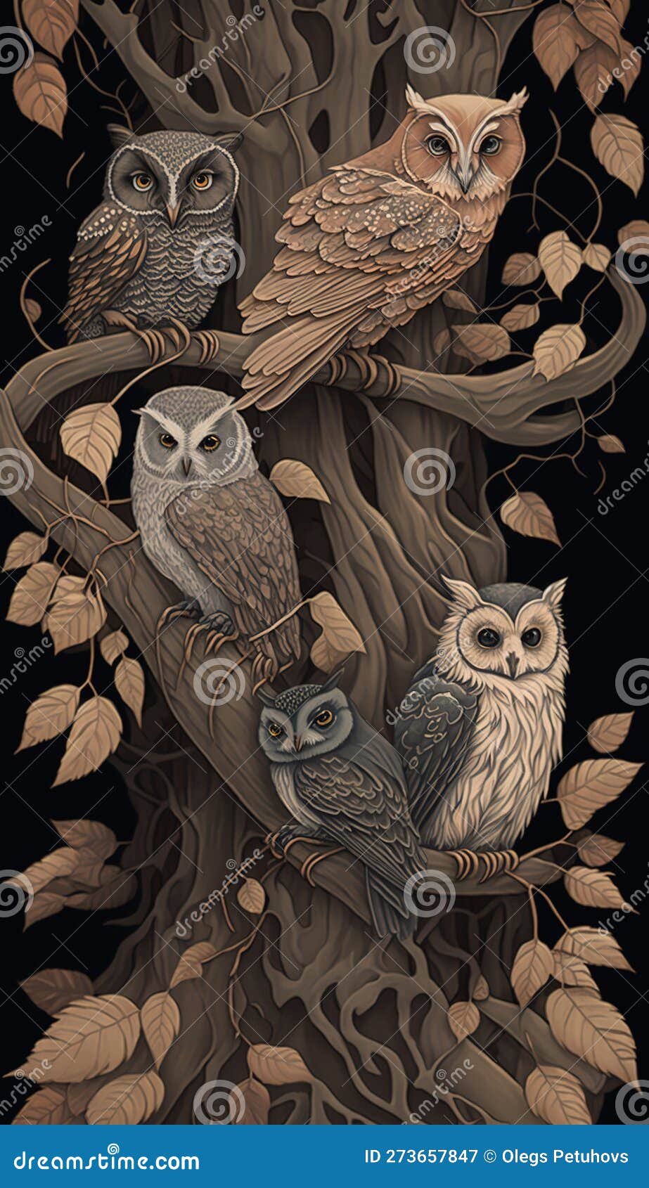 A Group of Owls Sitting on Top of a Tree Branch Stock Illustration ...