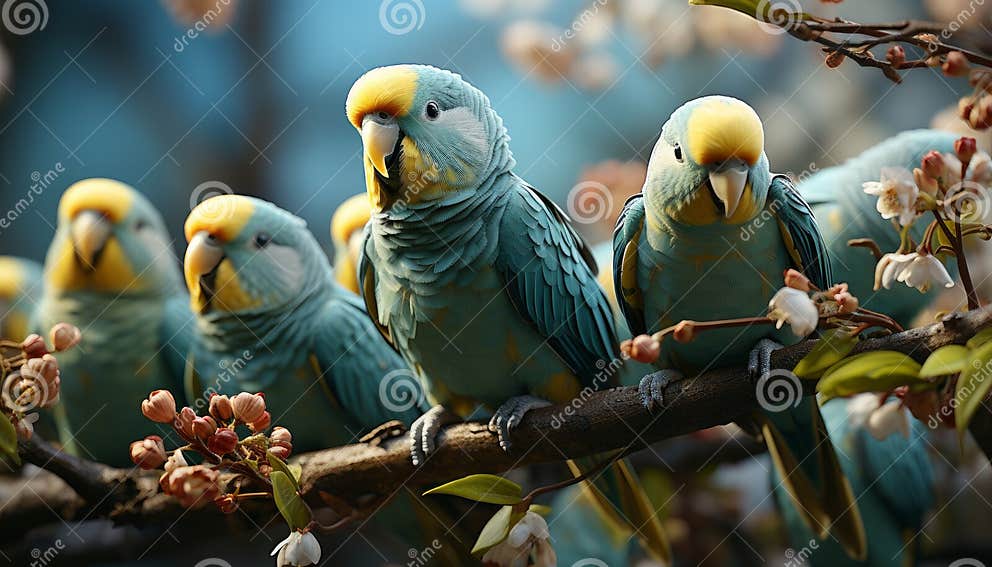 Group of Parakeets Sitting on Tree S Branch Generative AI Stock ...