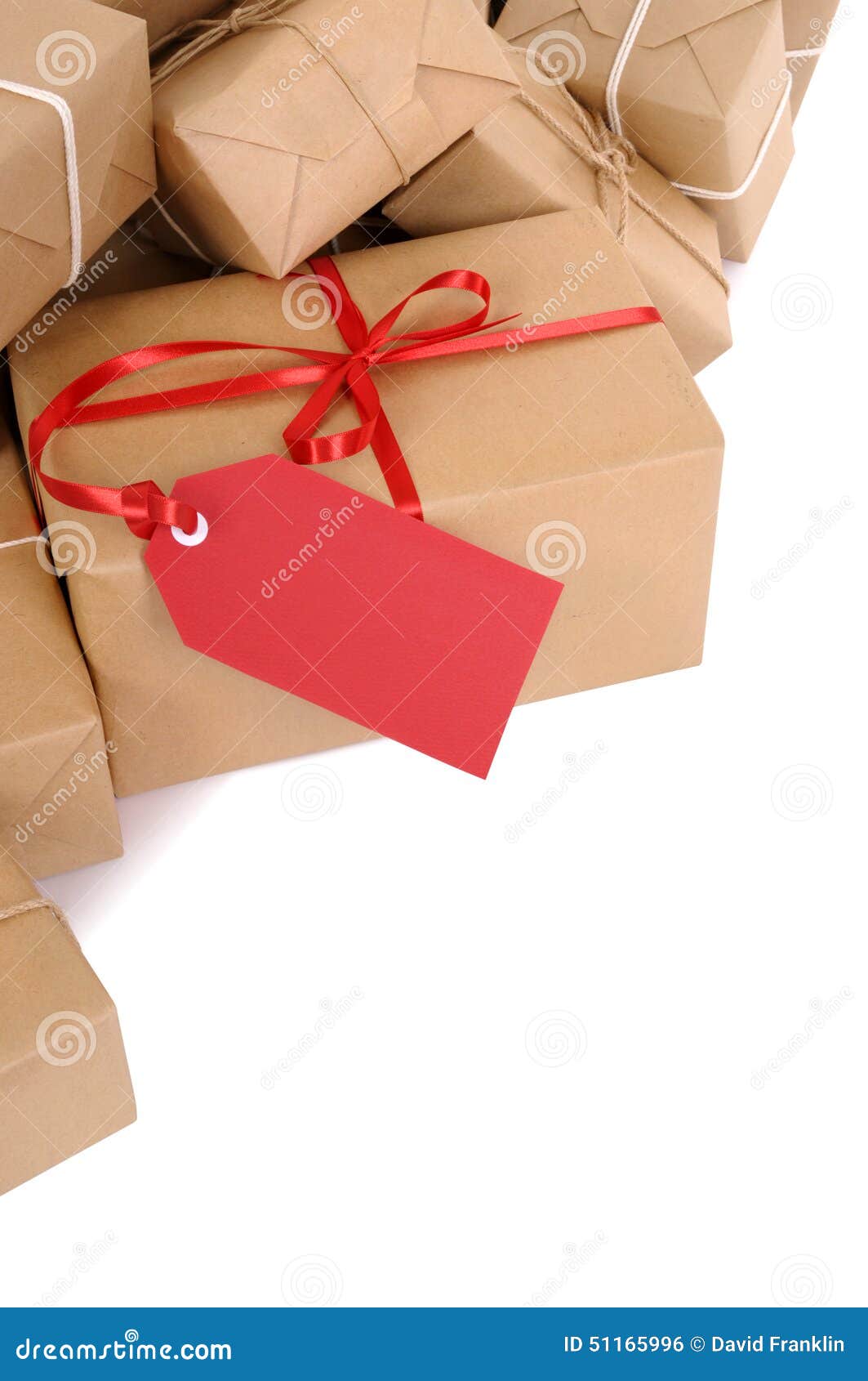 Pile of Packages, Border Format, One Gift with Red Gift Tag, Isolated ...