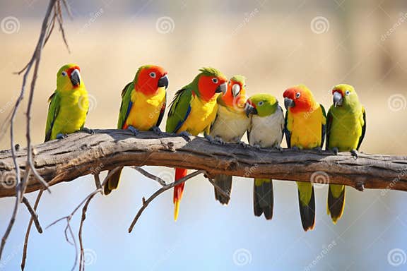 A Group of Parrots Perched Together on a Tree Branch Stock Photo ...