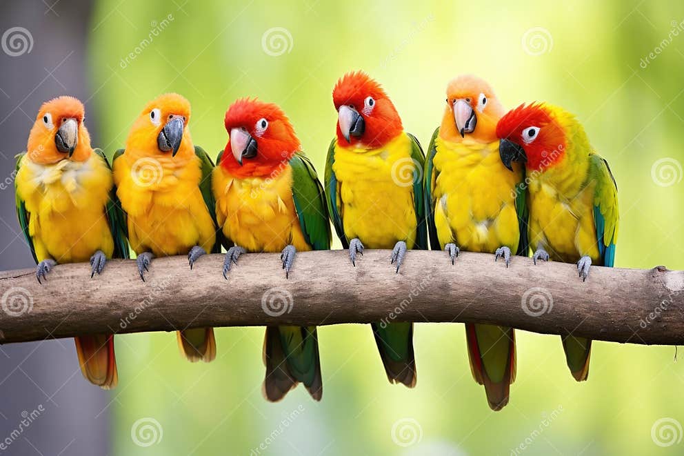 A Group of Parrots Perched Together on a Tree Branch Stock Image ...