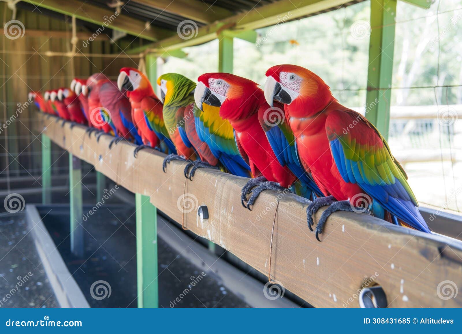 Group of Parrots Sitting on a Wooden Rail Inside a Zoo Exhibit Stock ...
