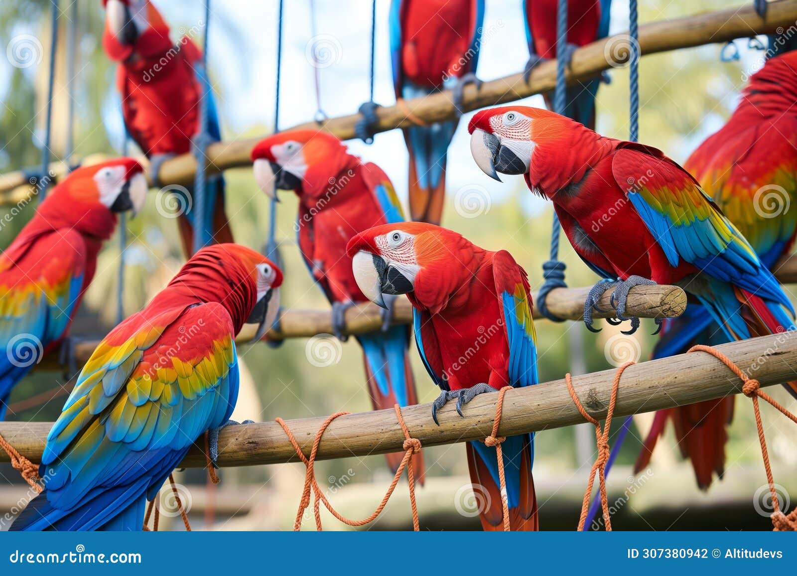 Group of Parrots on a Zoo Playstructure with Ropes and Ladders Stock ...