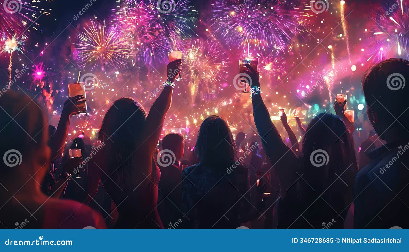 A Group of Partygoers Laughing and Toasting with Glittering Drinks ...
