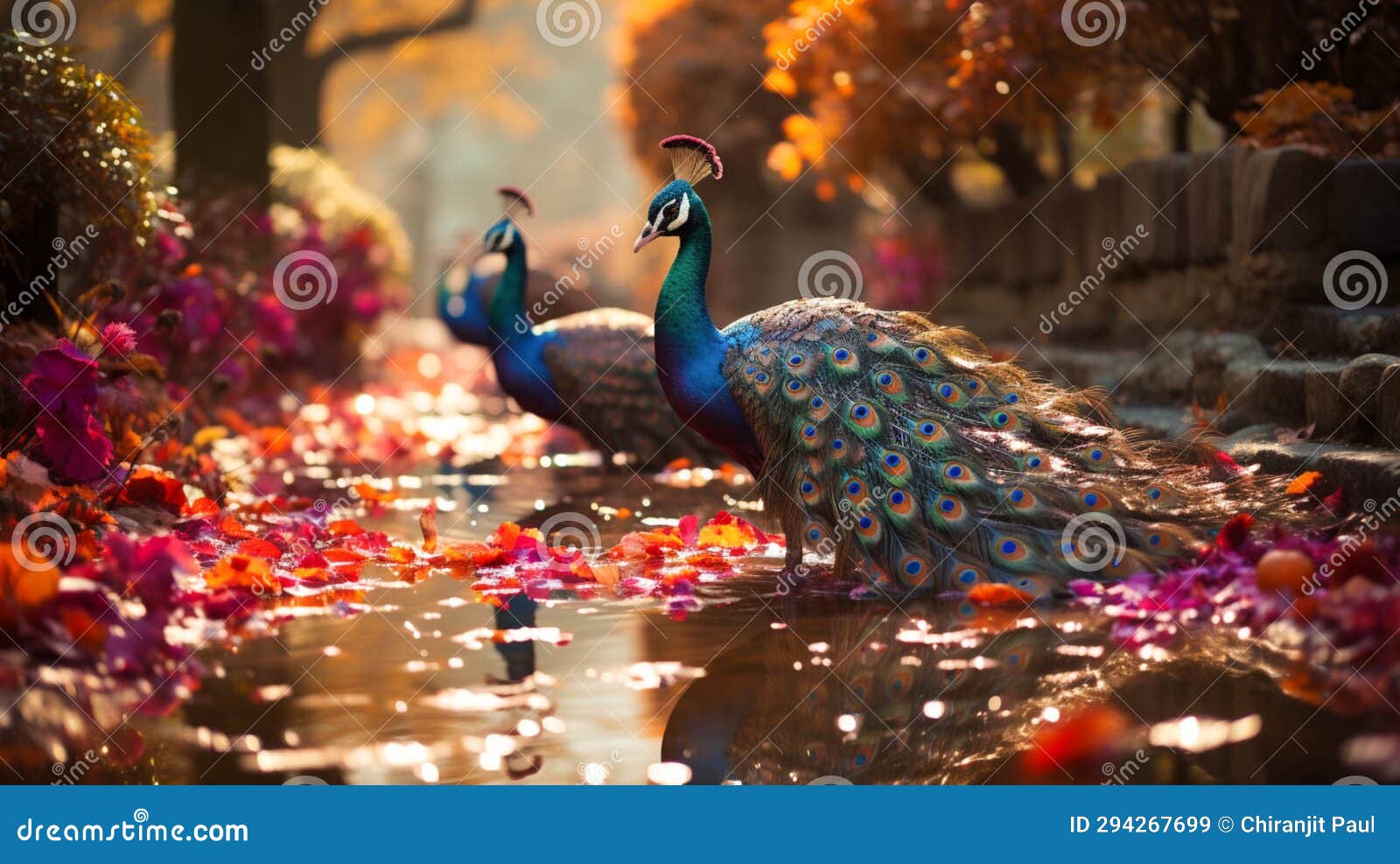 A Group Peacock Playing in Autumn Leaves Fallen Path Park Stock Image ...