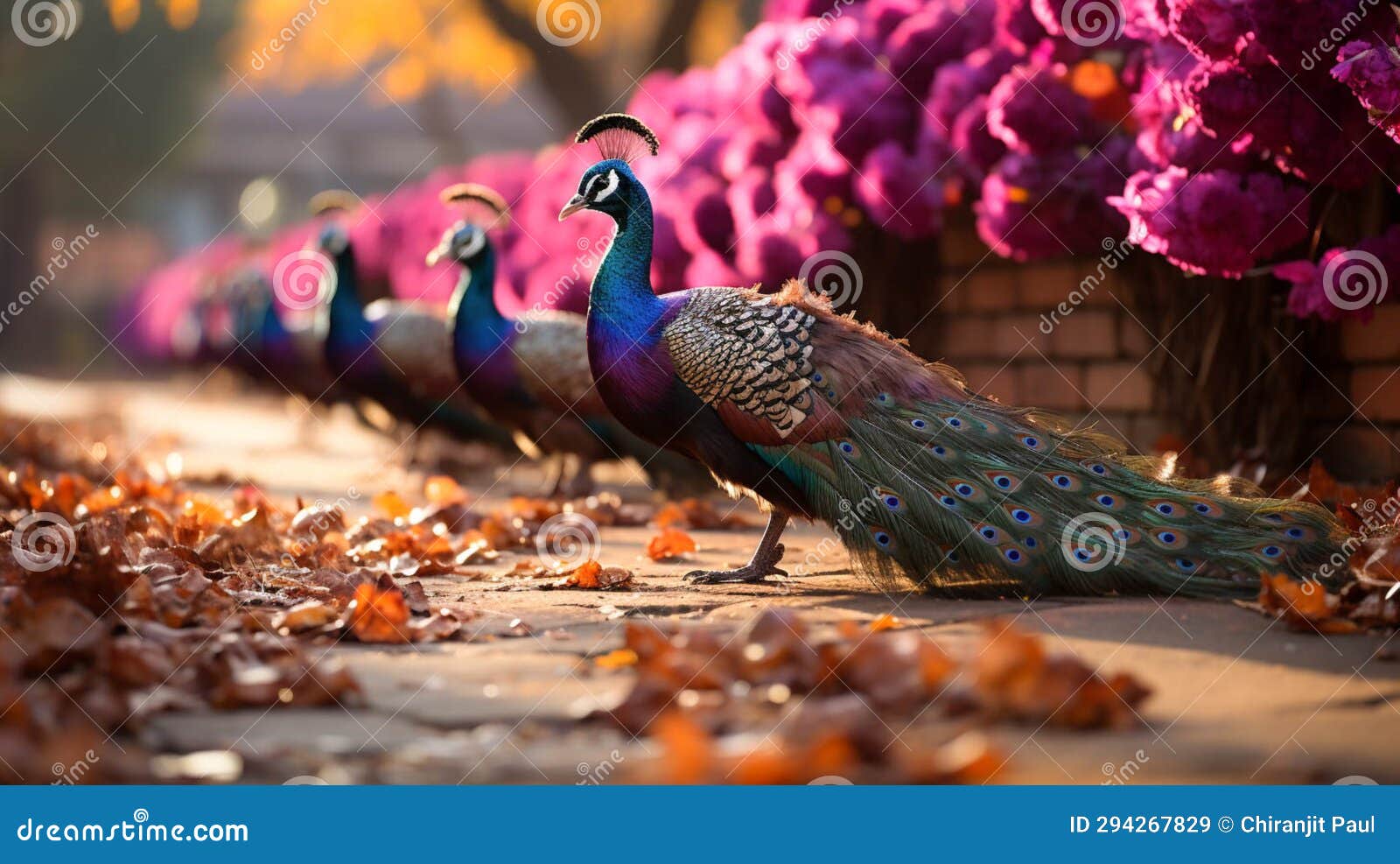 A Group Peacock Playing in Autumn Leaves Fallen Path Park Stock Image ...