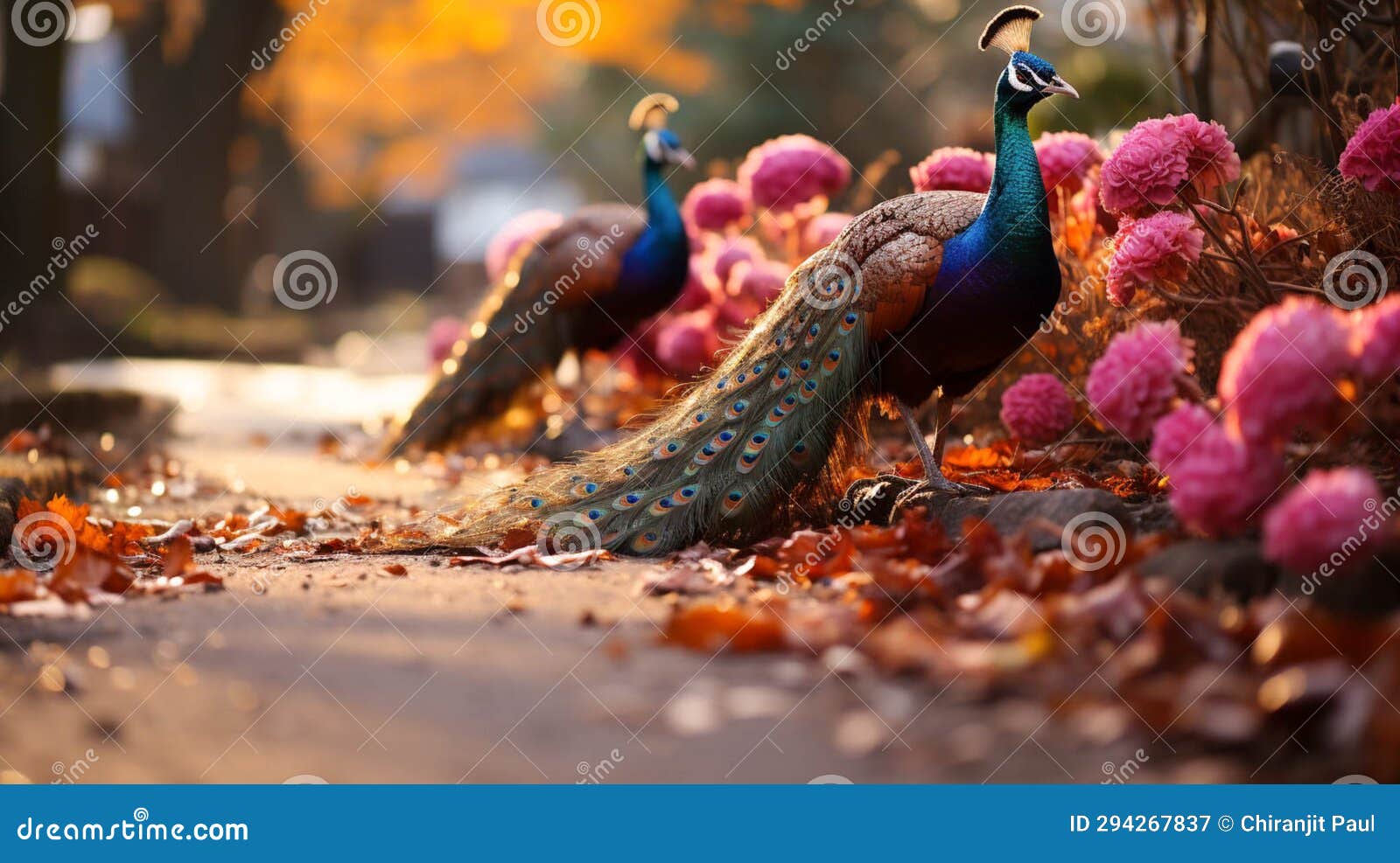 A Group Peacock Playing in Autumn Leaves Fallen Path Park Stock Image ...